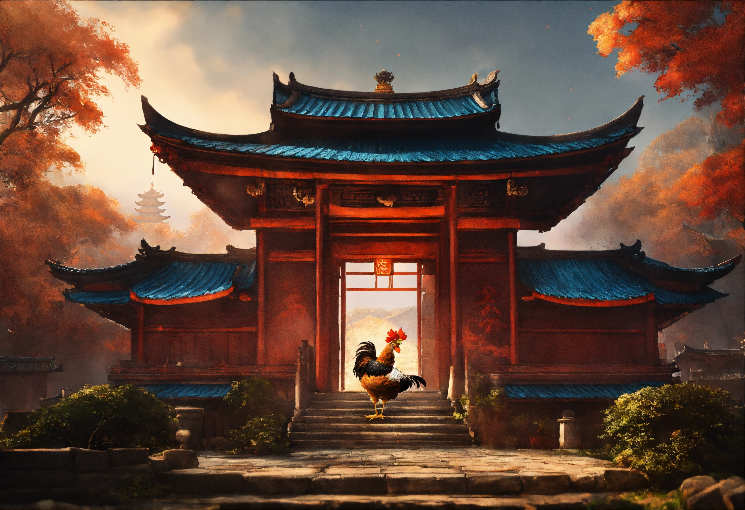 Lexica - Chicken Samurai. Ancient Temple. Hyper realistic.