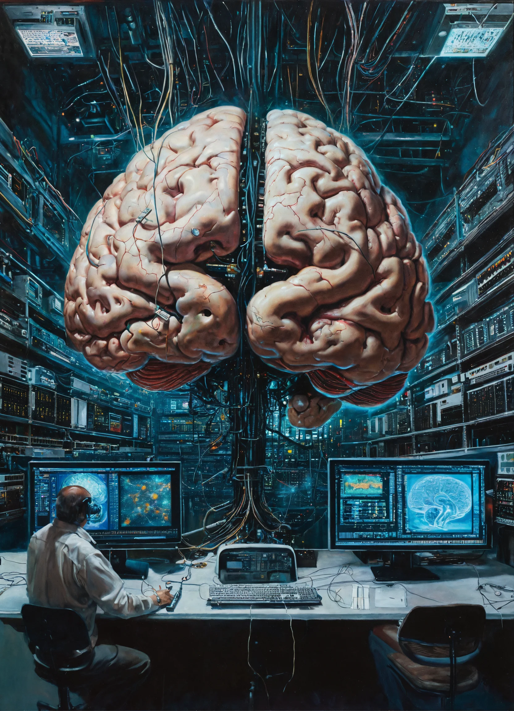 Lexica - In the center of the room, a colossal human brain is ...