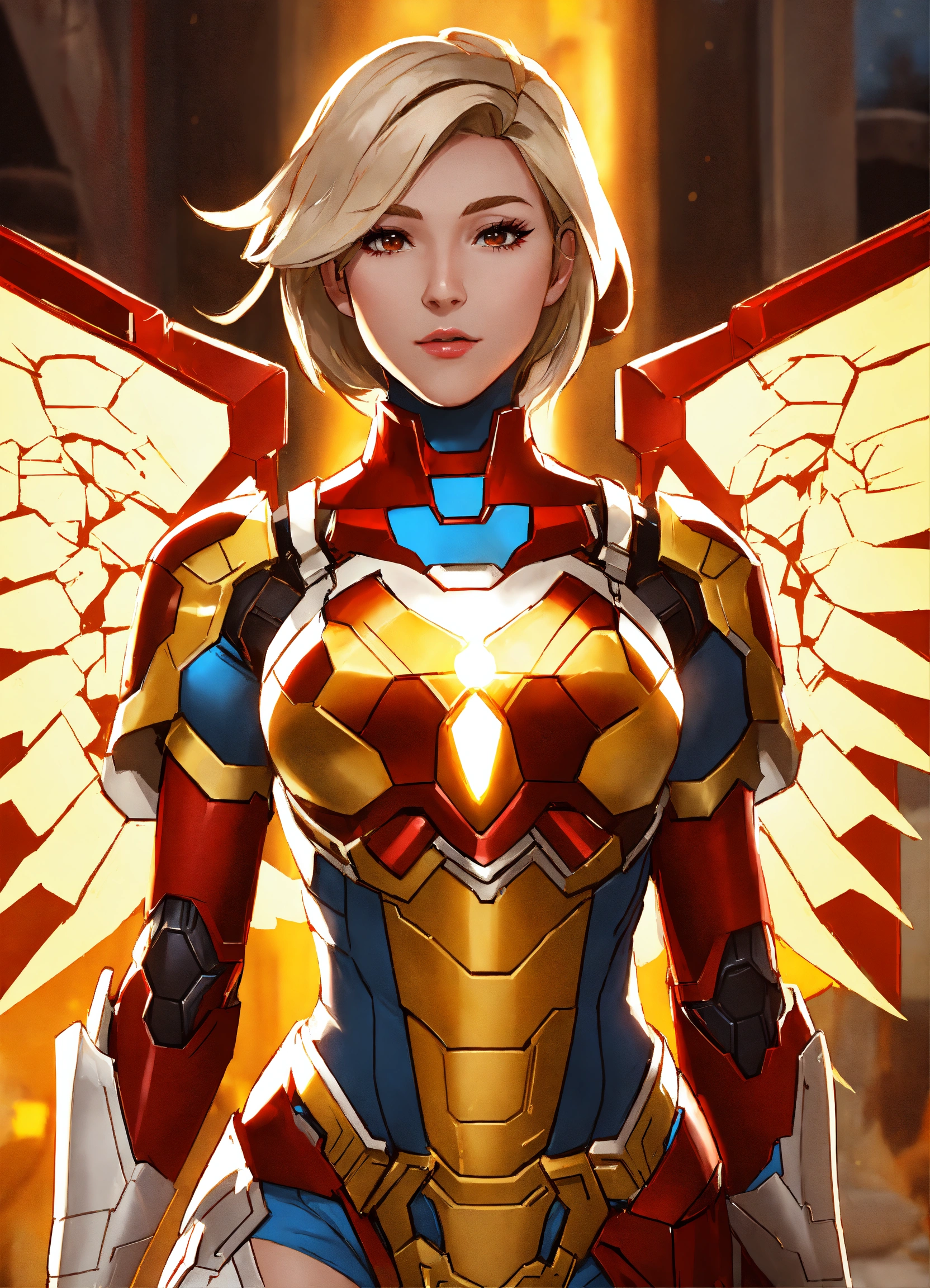 Lexica - Female Mercy Overwatch wearing full Iron Man metal armor healer costume