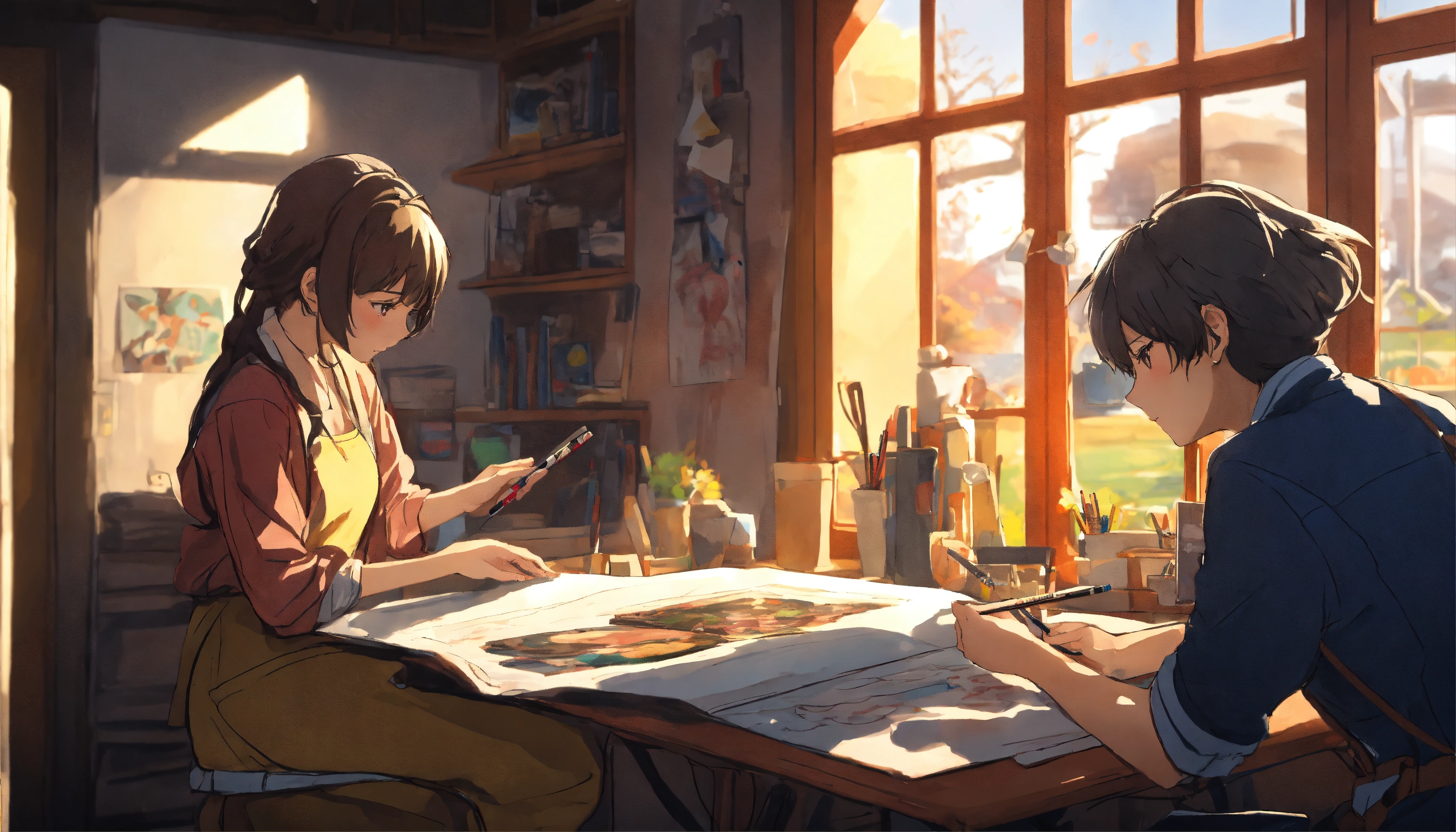 Lexica - Anime style, a girl draws a still life with plaster in a large ...