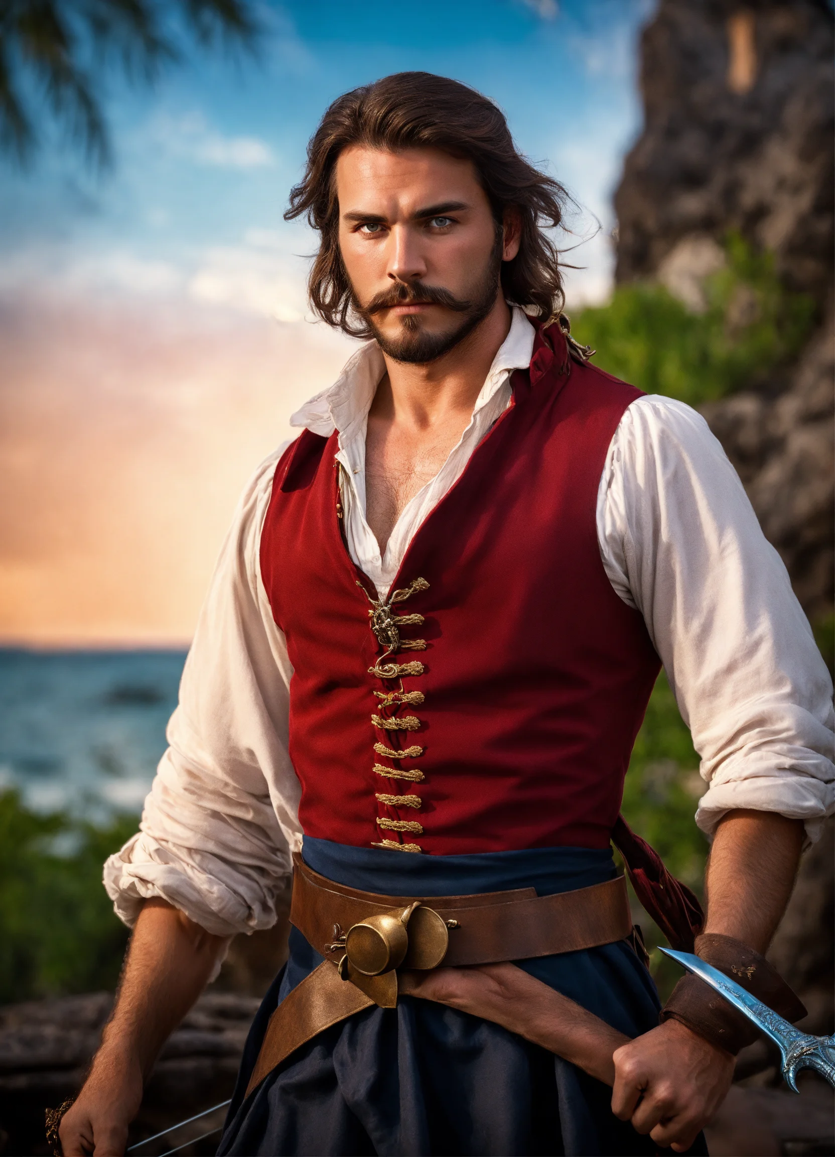 Lexica - Holding a rapier an adult male pirate with long swept back ...