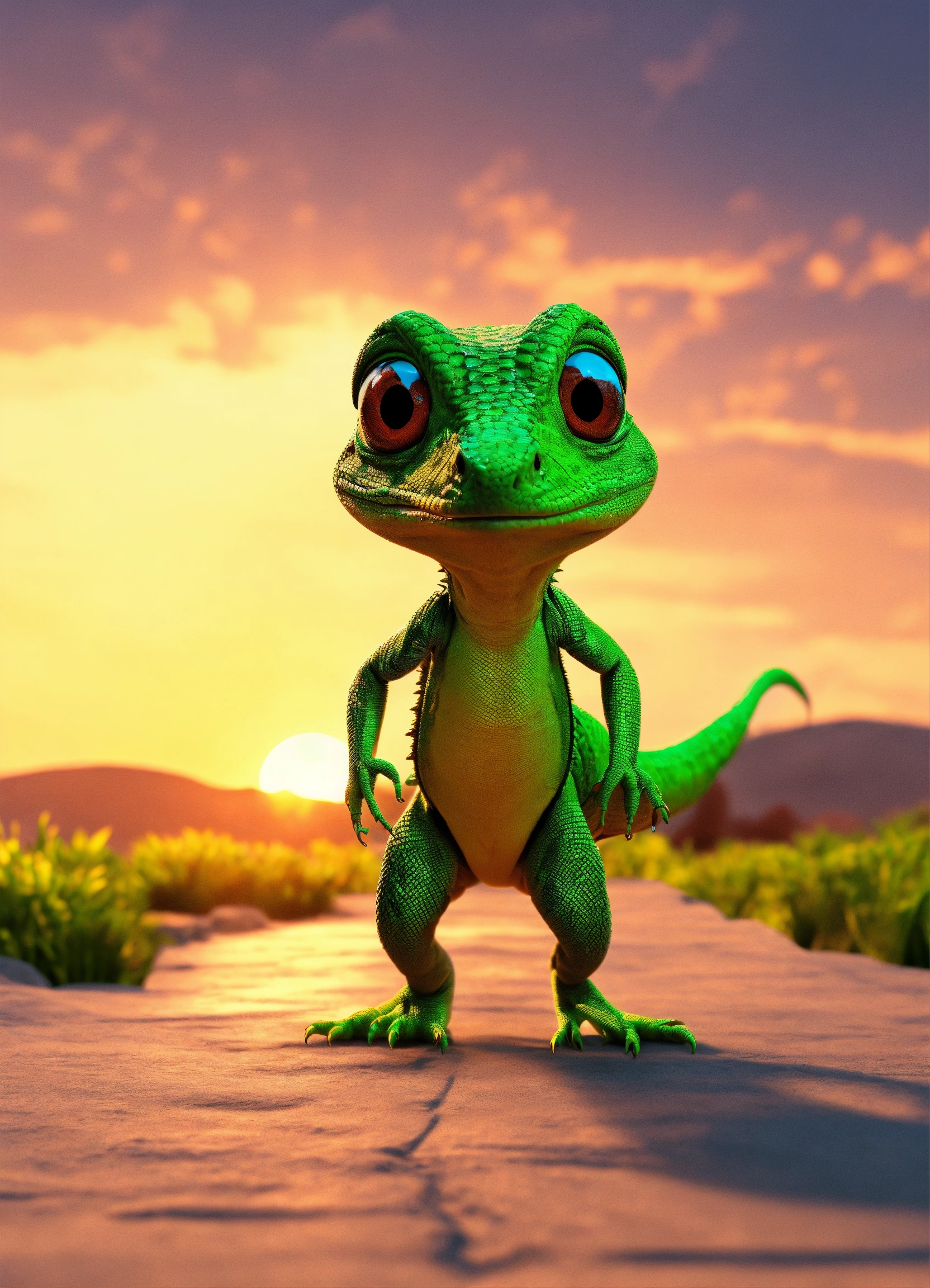 Lexica - Realist 3d animation, little boy, lizard with bright green ...