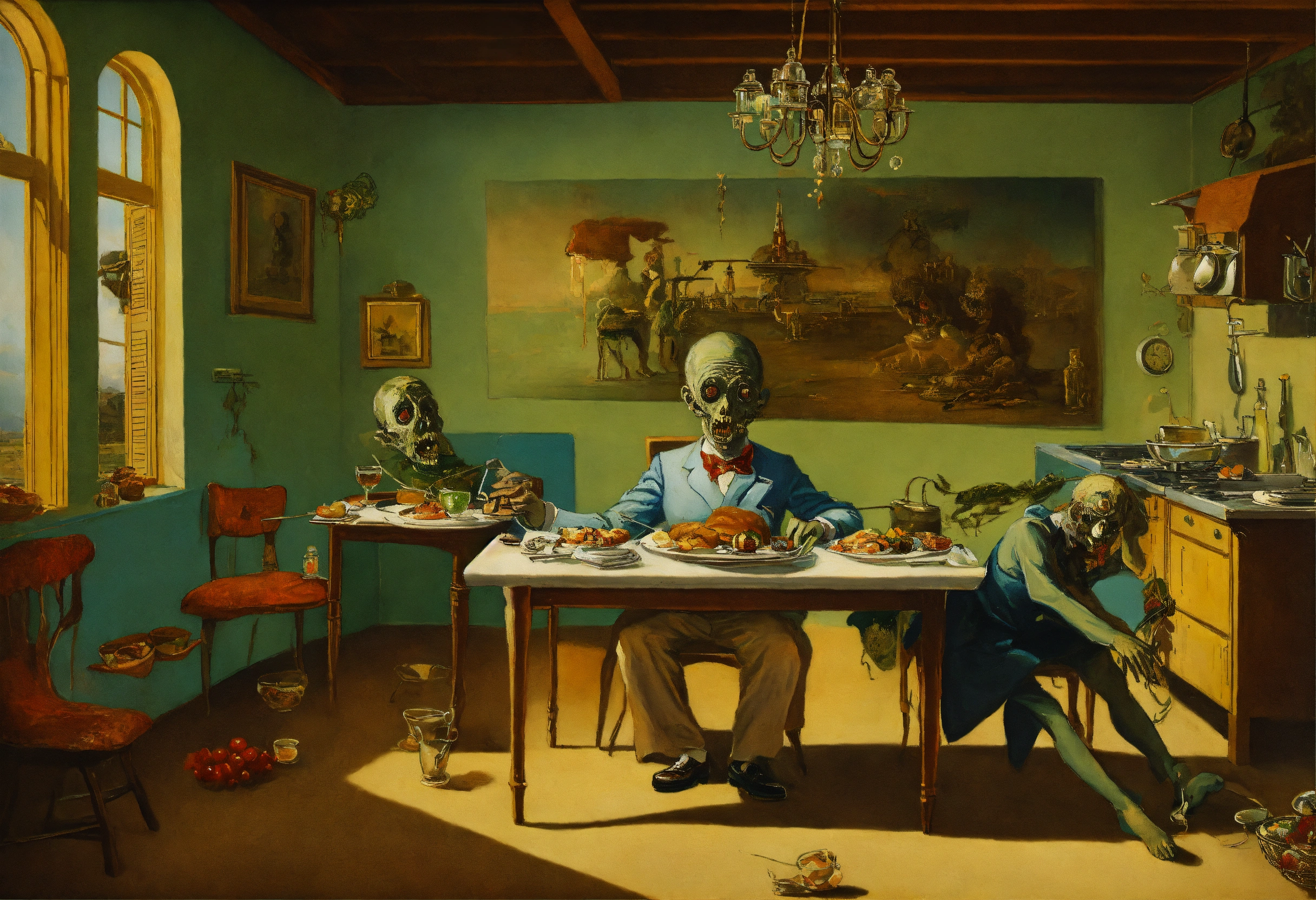Lexica - Zombie in a vintage kitchen enjoying their meal, oil painting ...