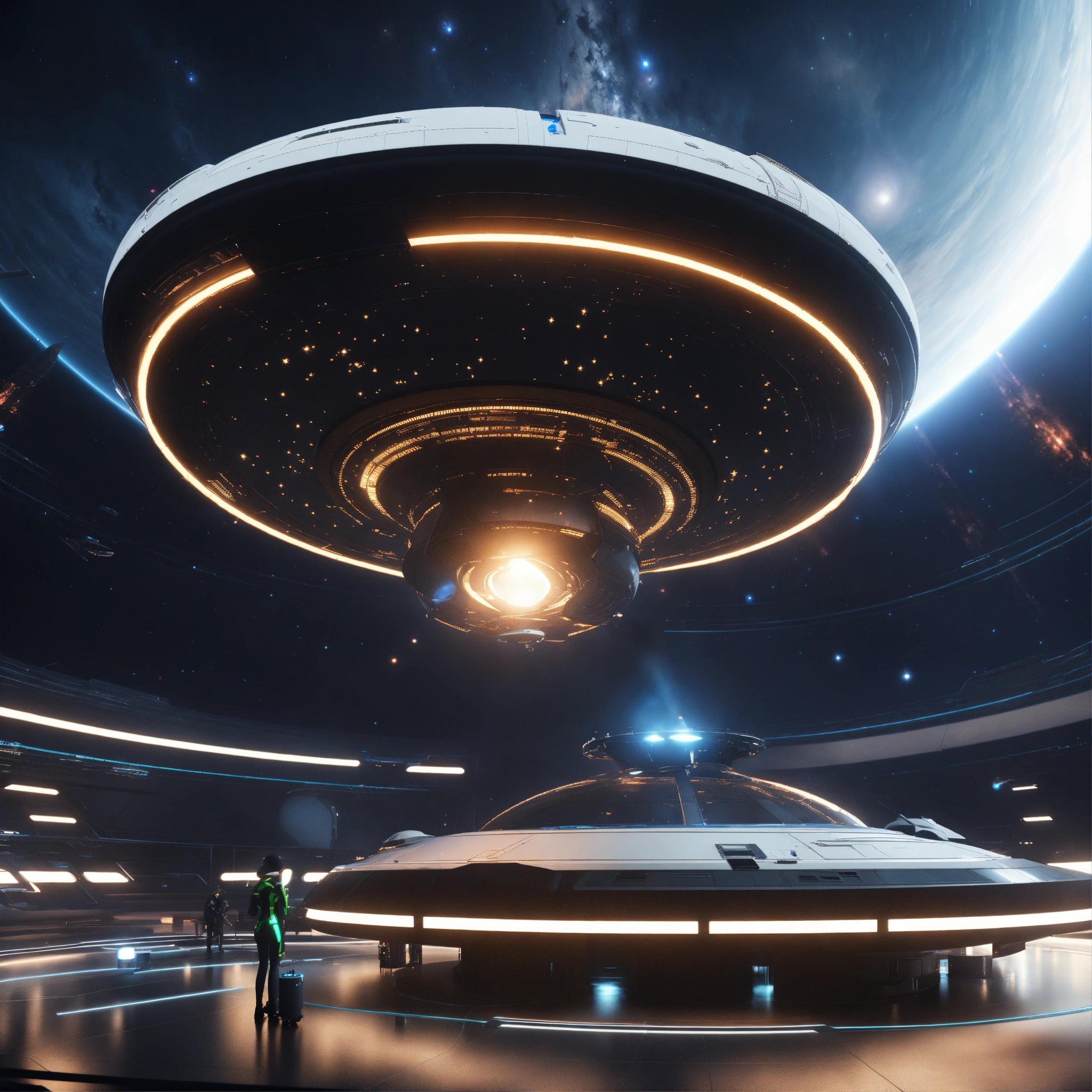 Lexica - Black space yacht docking at a beautiful white spinning top ...