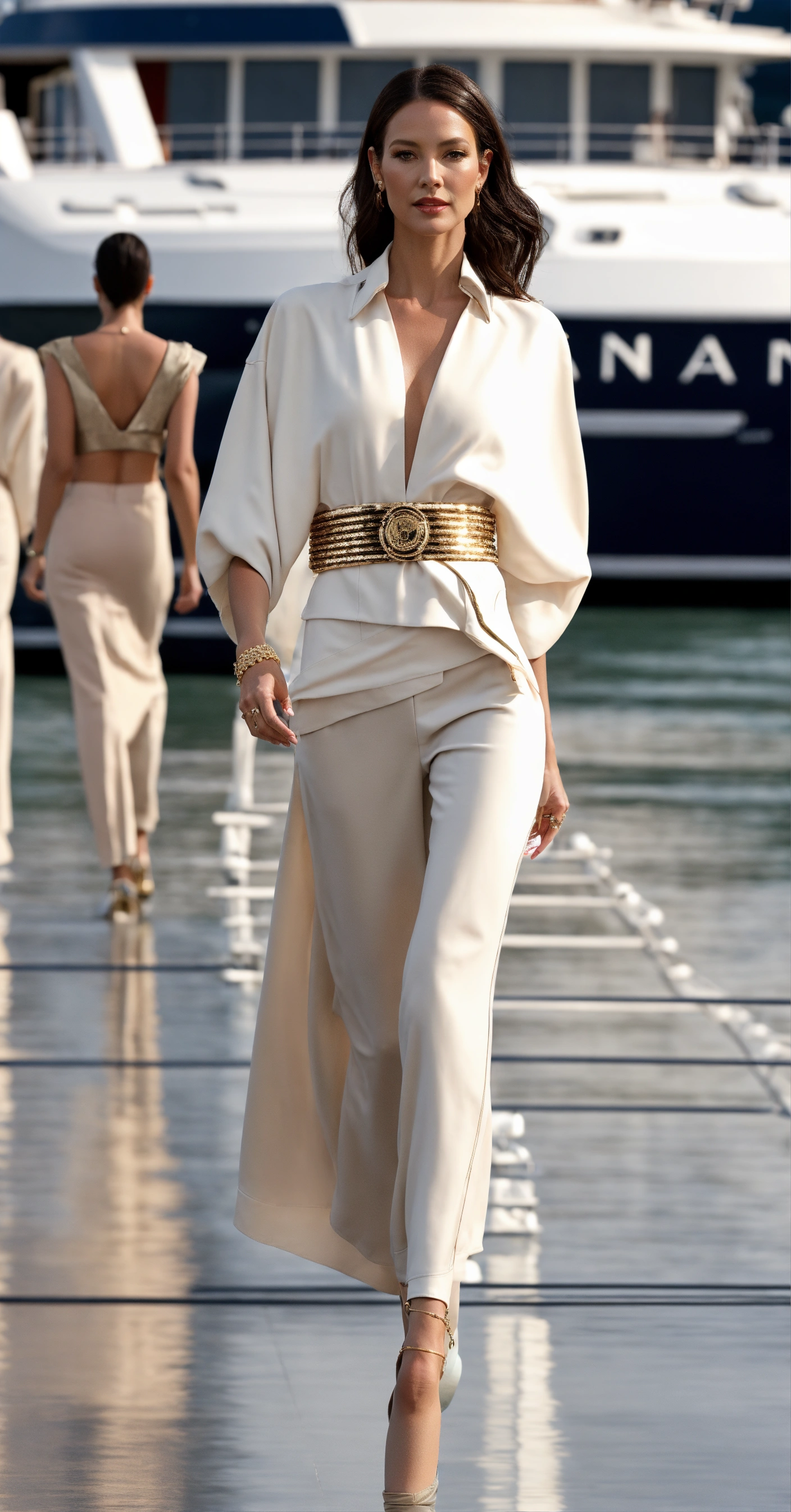 Lexica - 3d realistic photo of female captain walking runway during ...