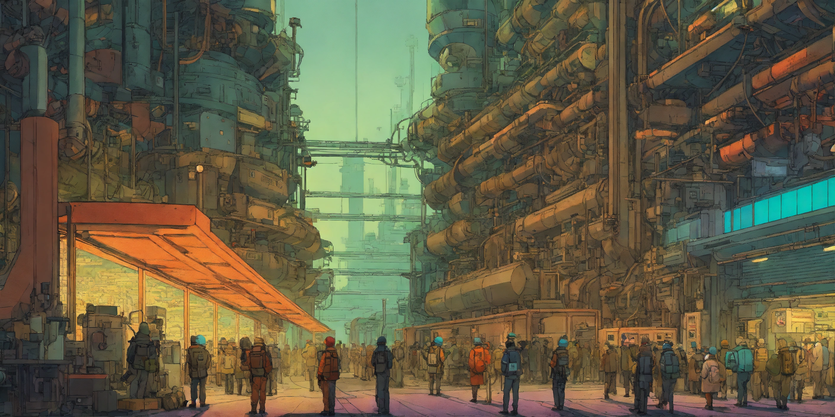 Lexica - Cyberpunk style workers standing in the lineup entering a mega ...
