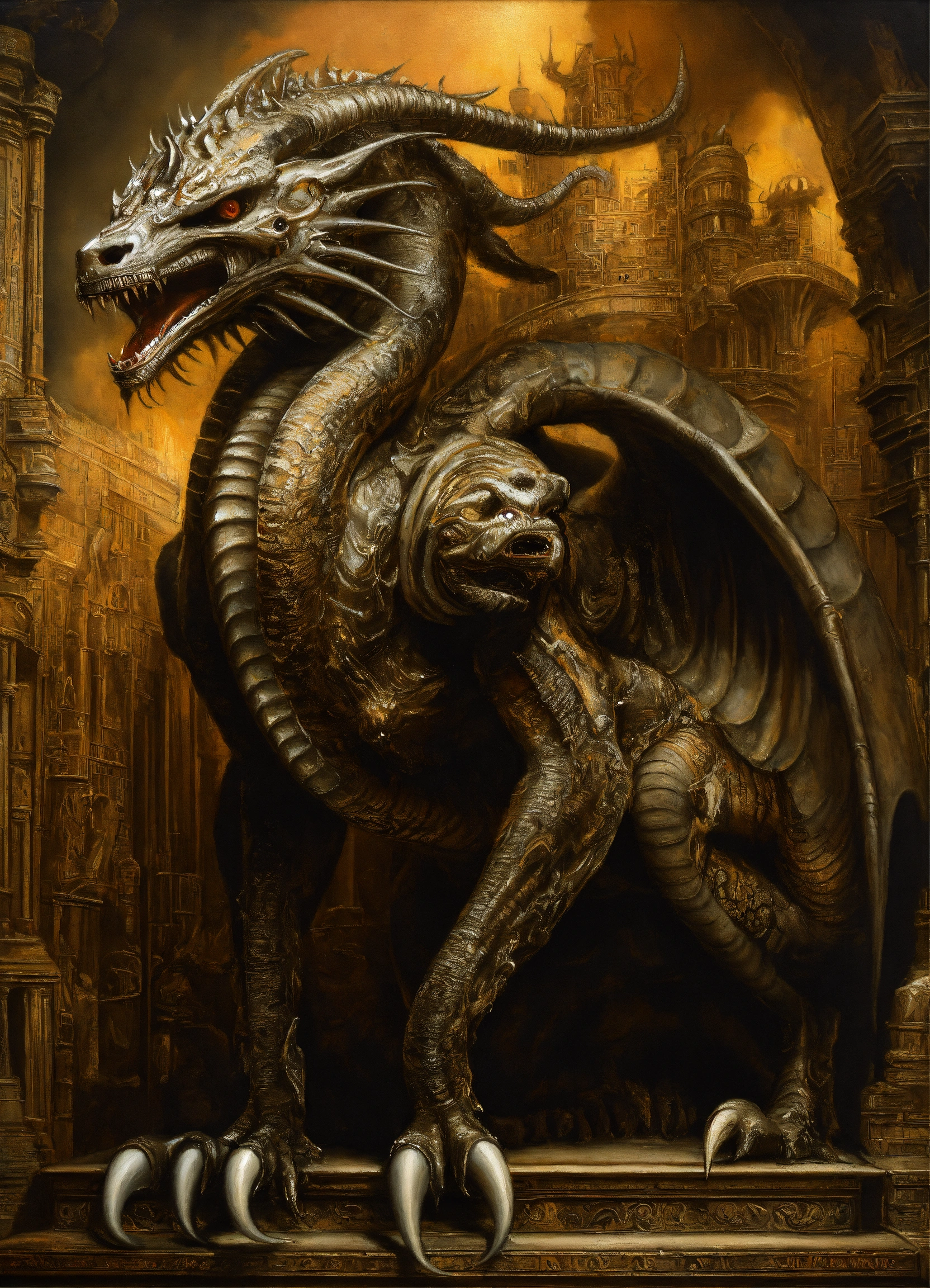 Lexica - An oil painting by H.R. Giger of a terrifying chimera, the ...