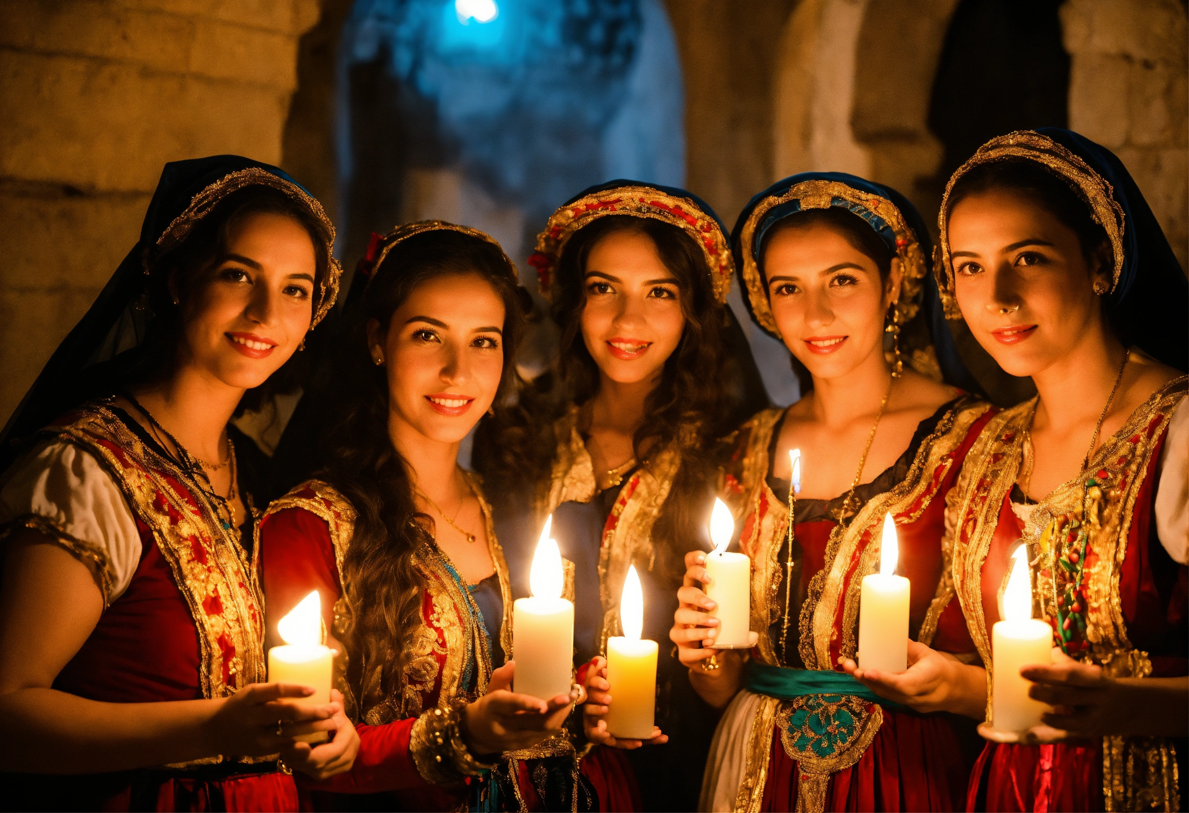 Lexica - 10 women in Israeli costumes, 5 of them holding a candle jar ...