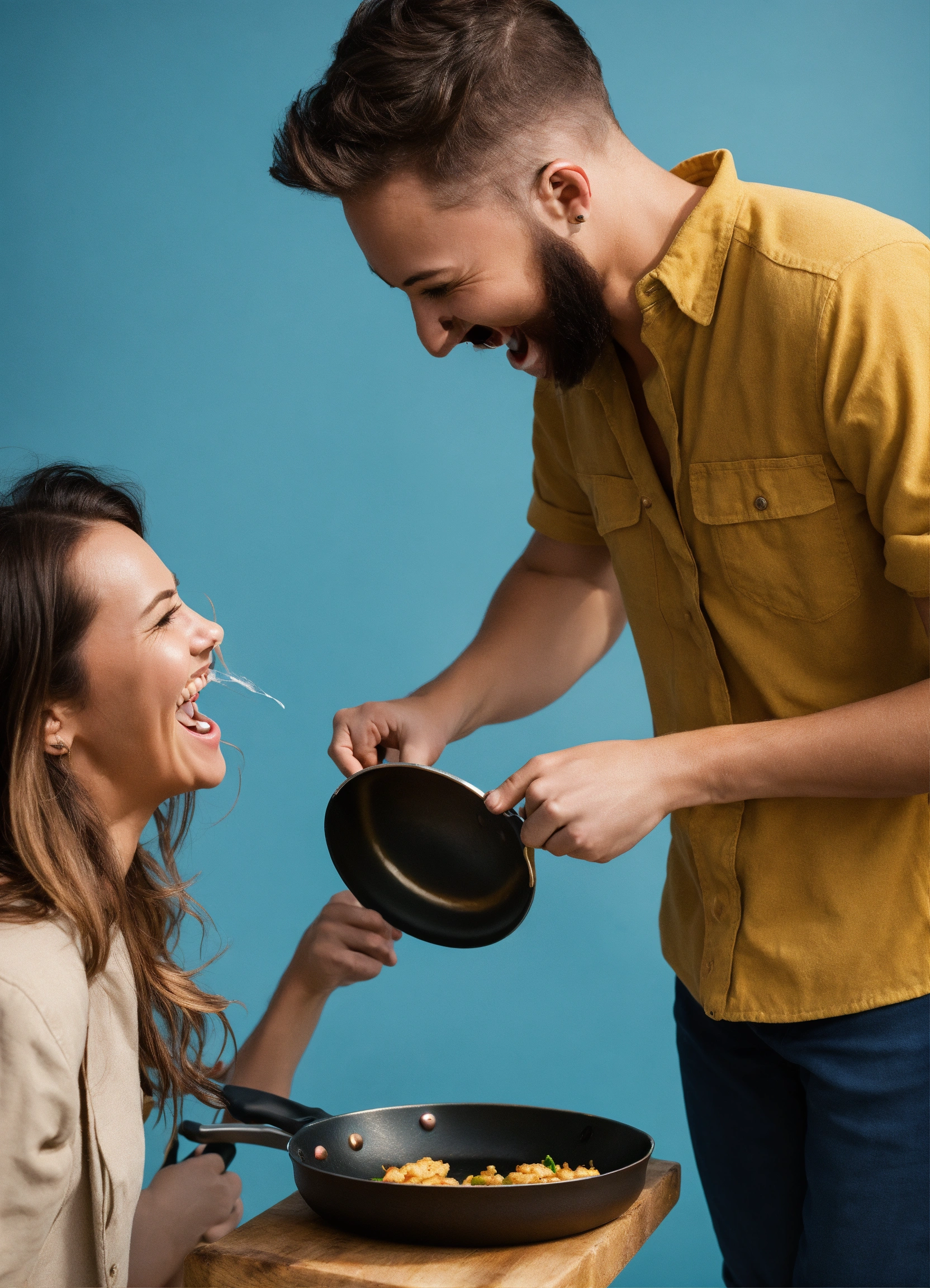 Lexica - Woman hitting a man with a frying pan while the woman is laughing