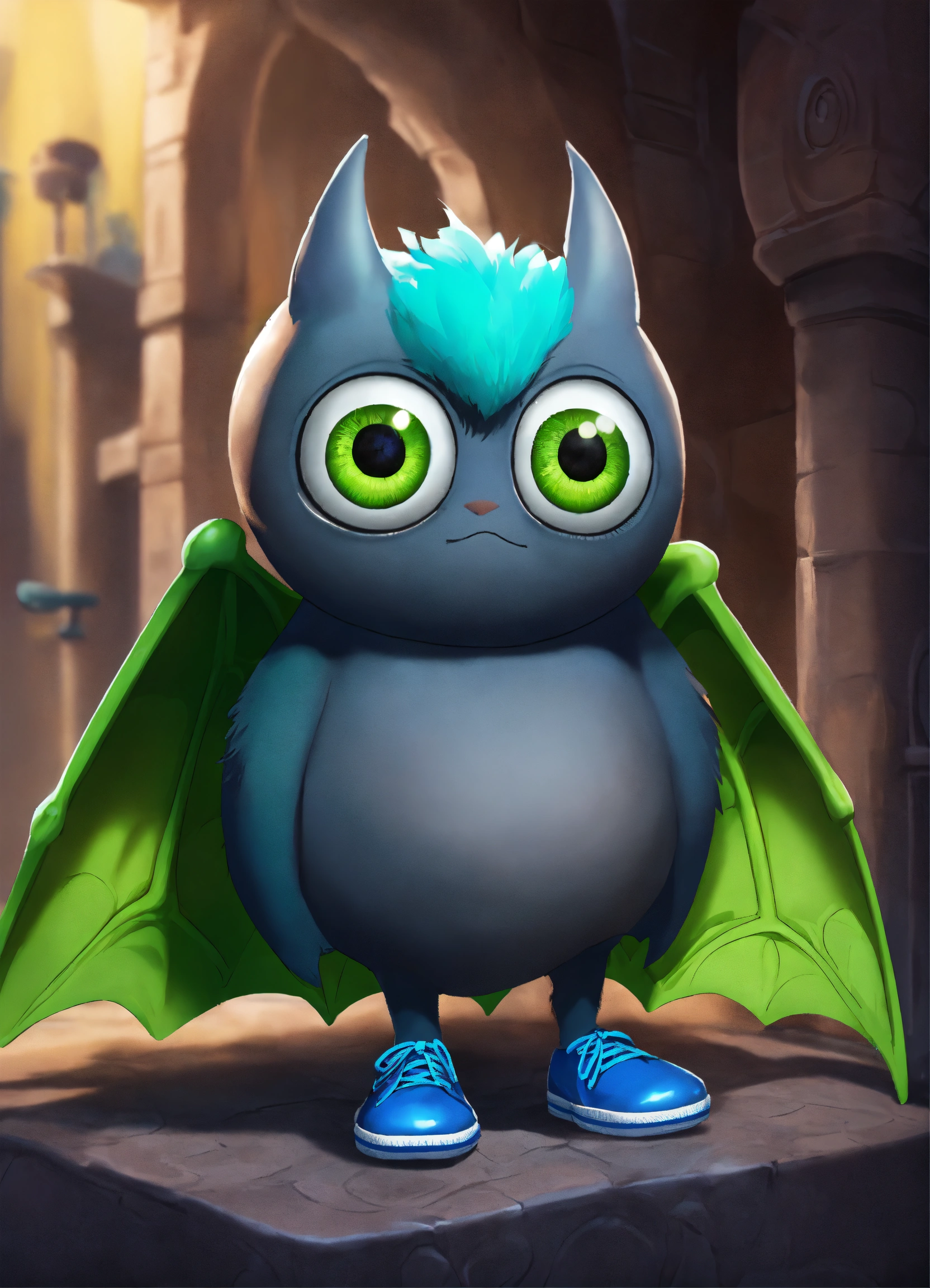 Lexica - A gray cartoon blob with one eye, bright green wings, and blue ...