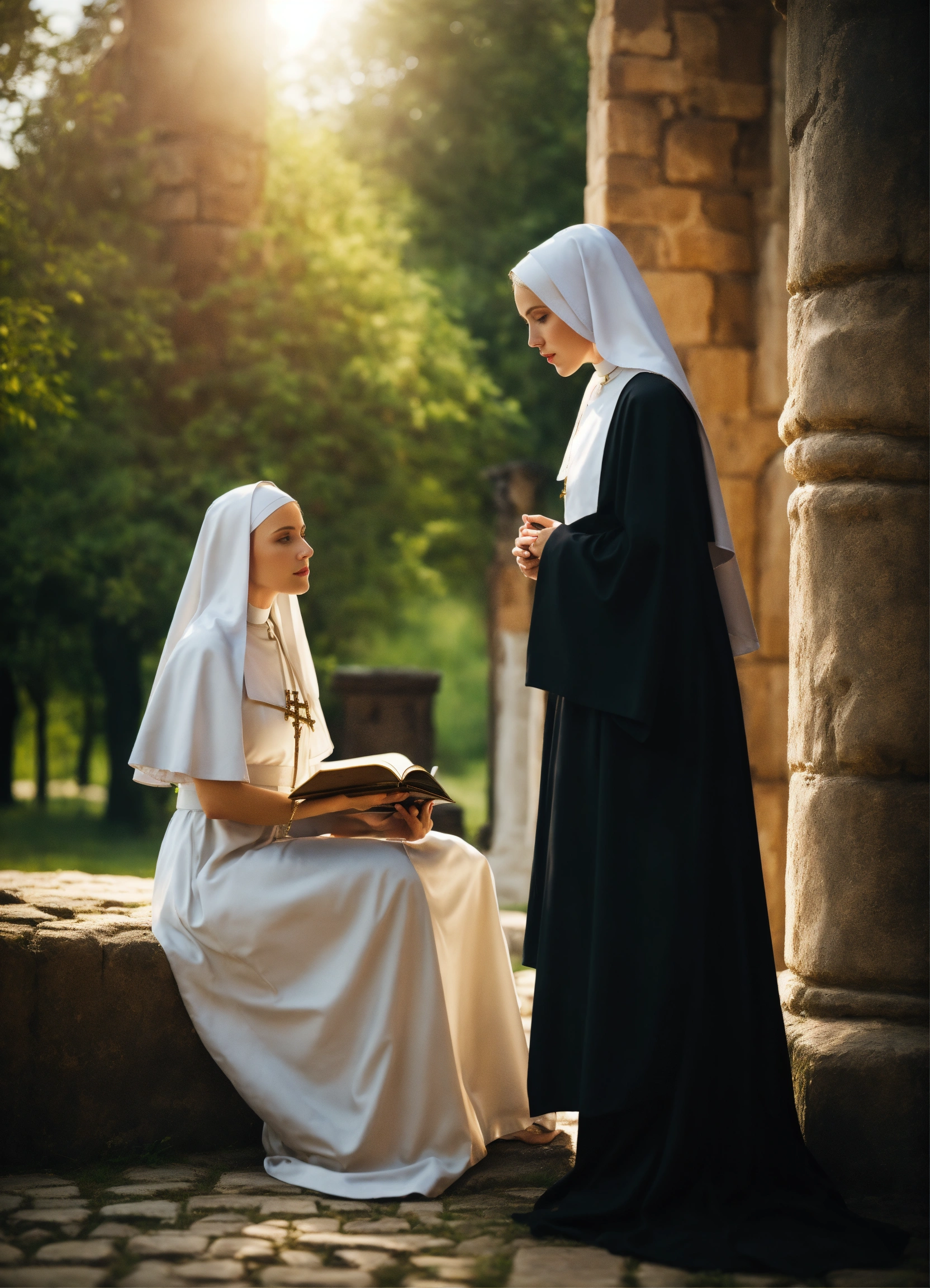Lexica - An epic fantasy scene featuring a gorgeous beautiful blonde nun in conversation with ...