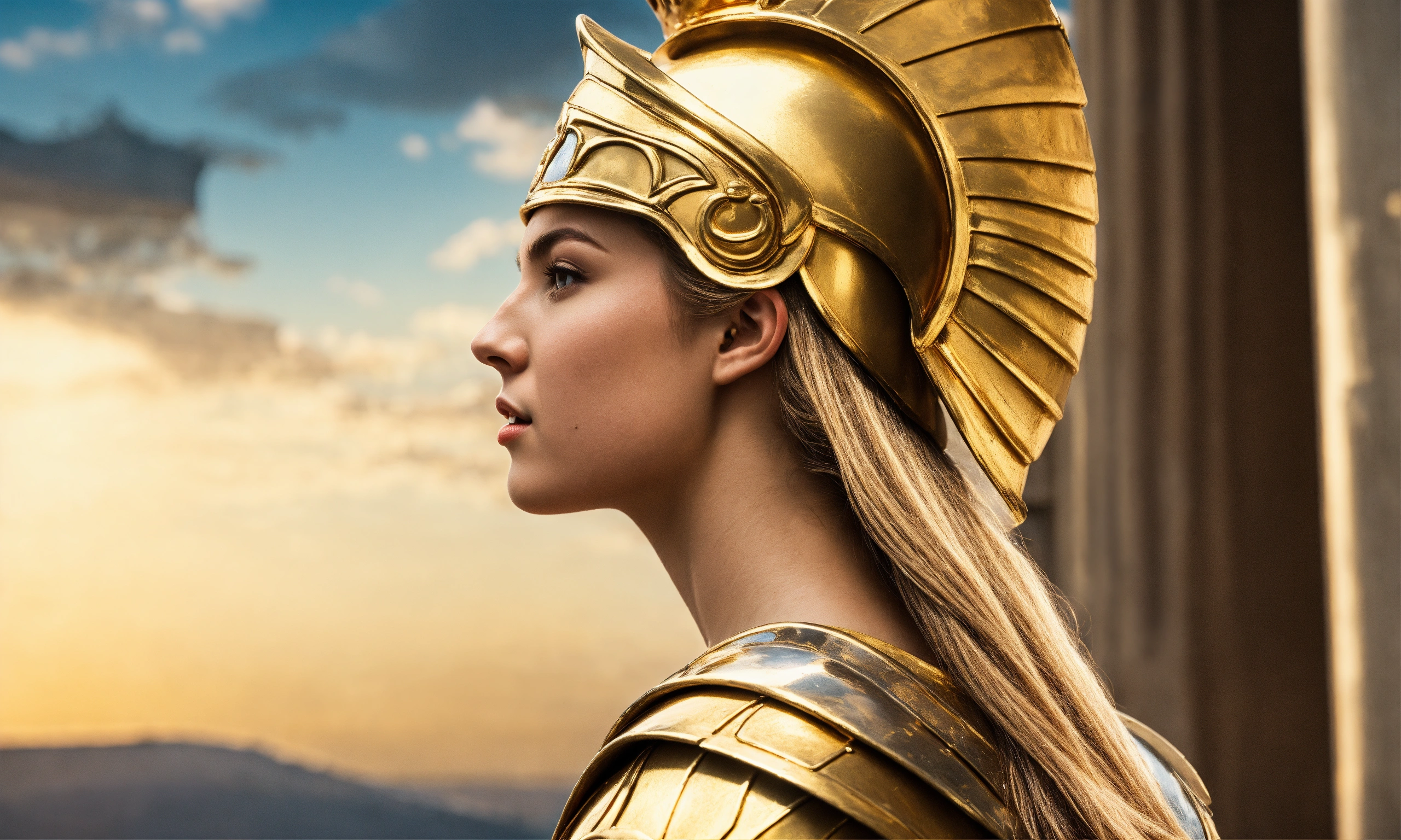 Lexica - Vivacious Greek goddess Athena with blonde hair, gold armor ...