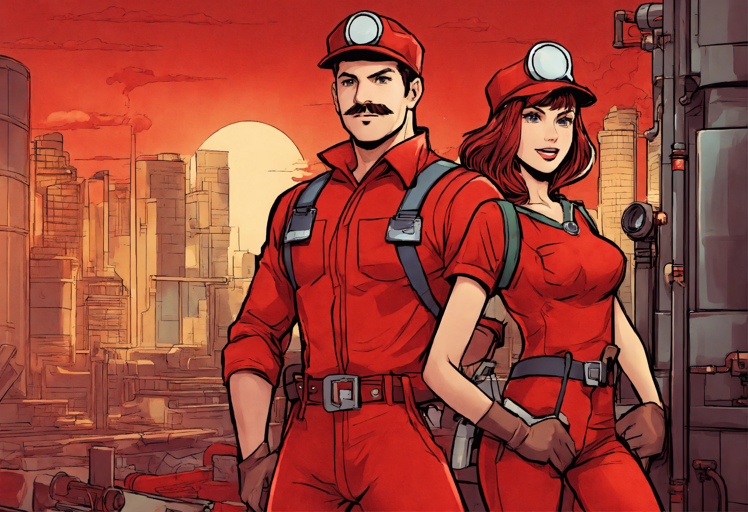 Lexica - Close up of two heroic plumber in a red outfit with a red hart ...