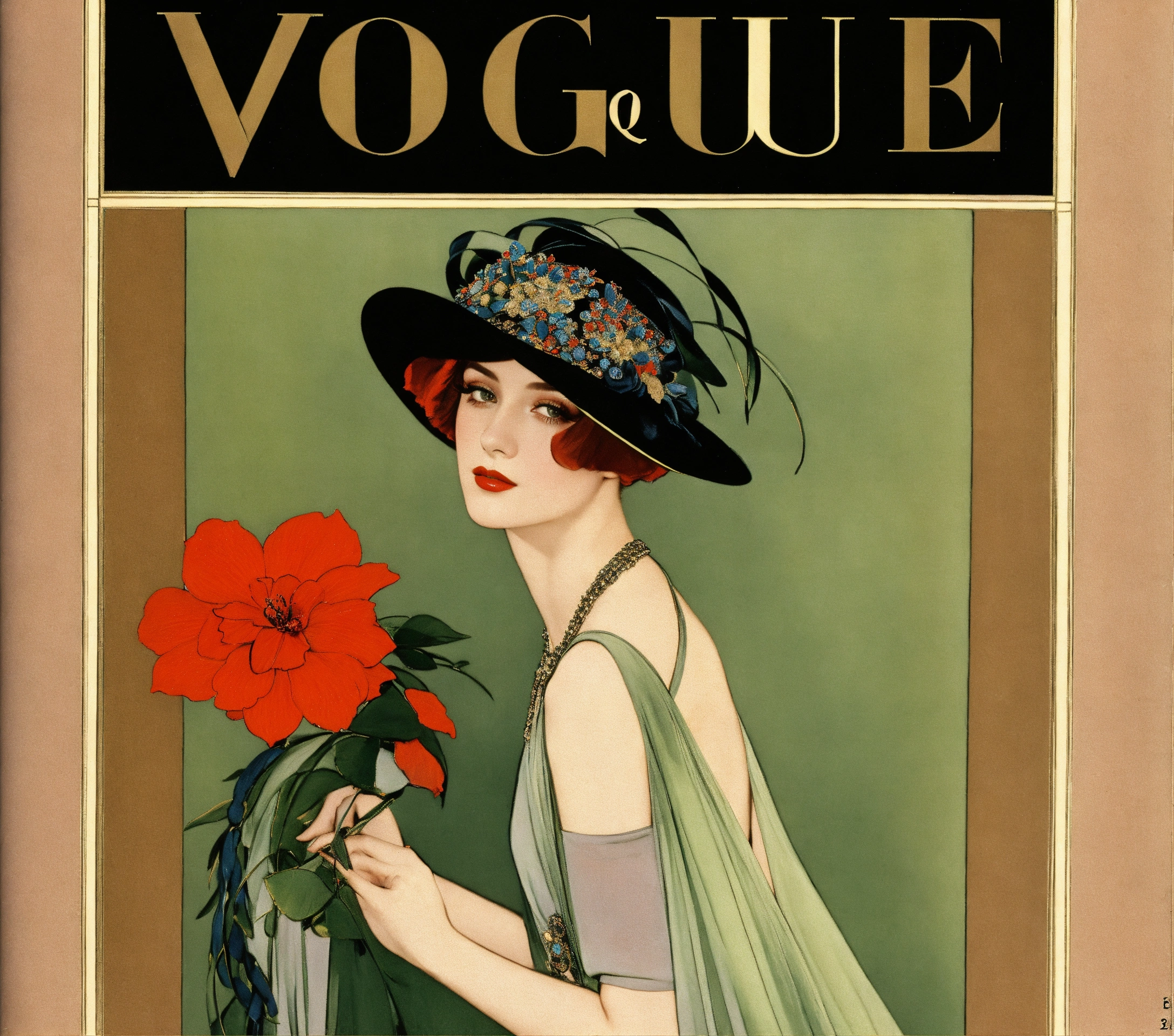 Lexica - Modelo,com vestido de época, 1920, na capa da revista vogue