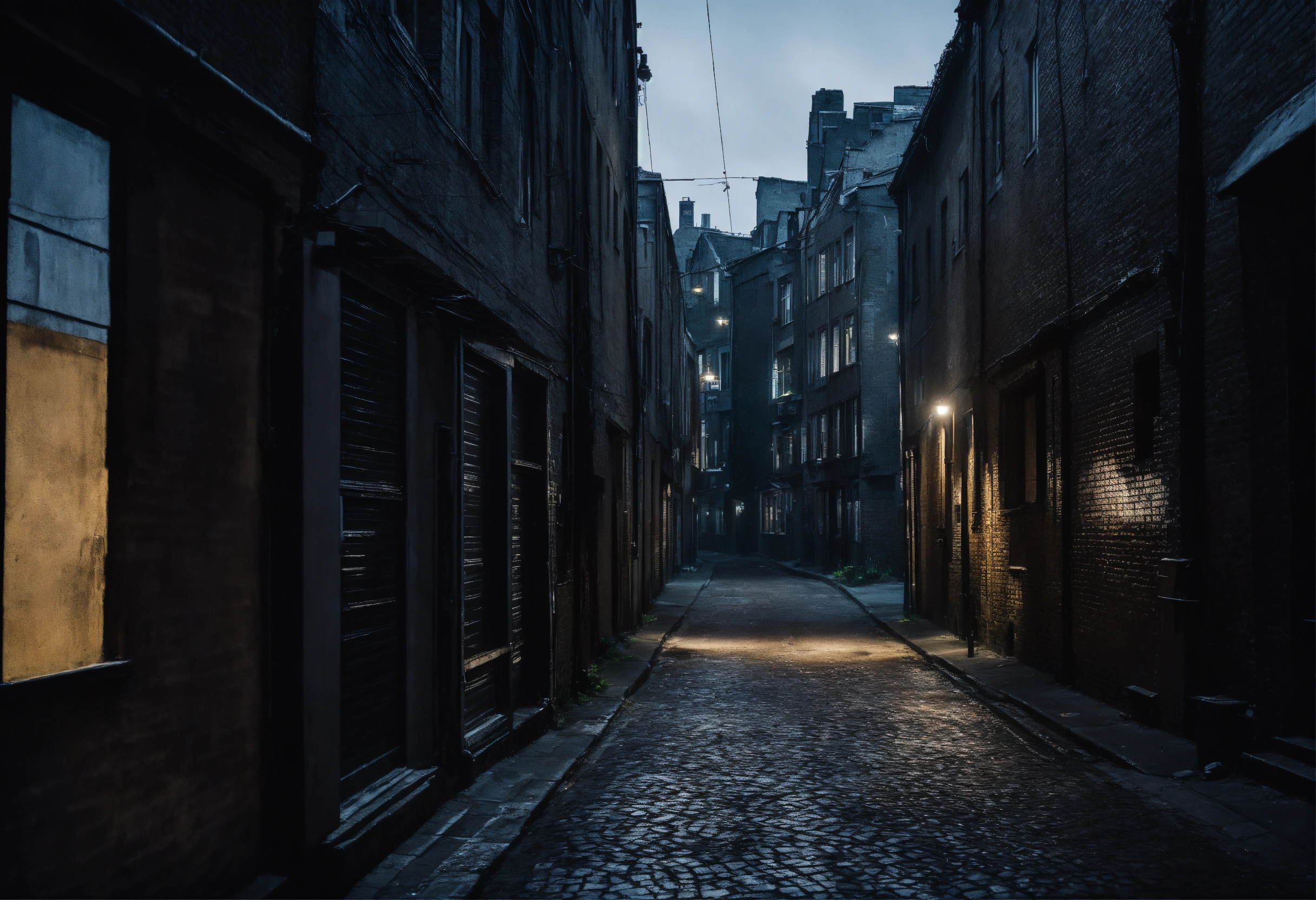 Lexica - A dark alley with buildings on the side, view from alley ...