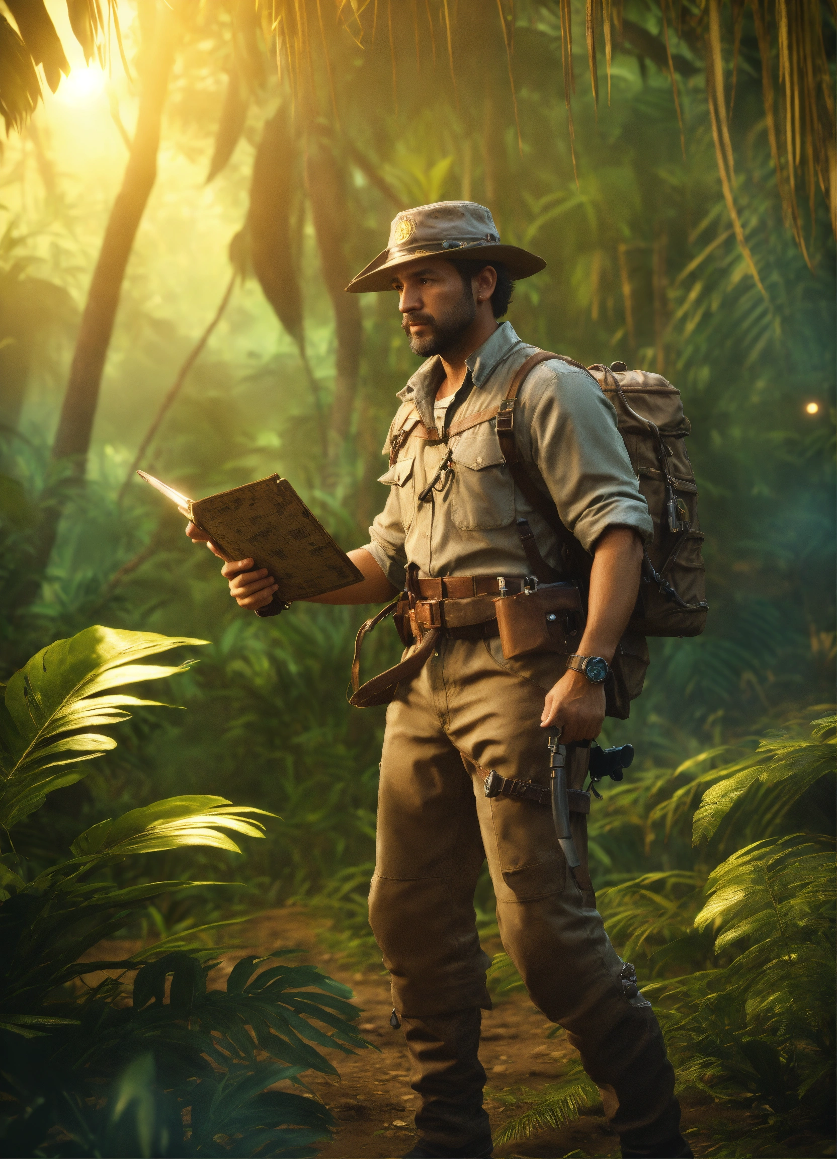 Lexica - A 35-years-old Treasure Hunter with a explorer hat and dressed ...