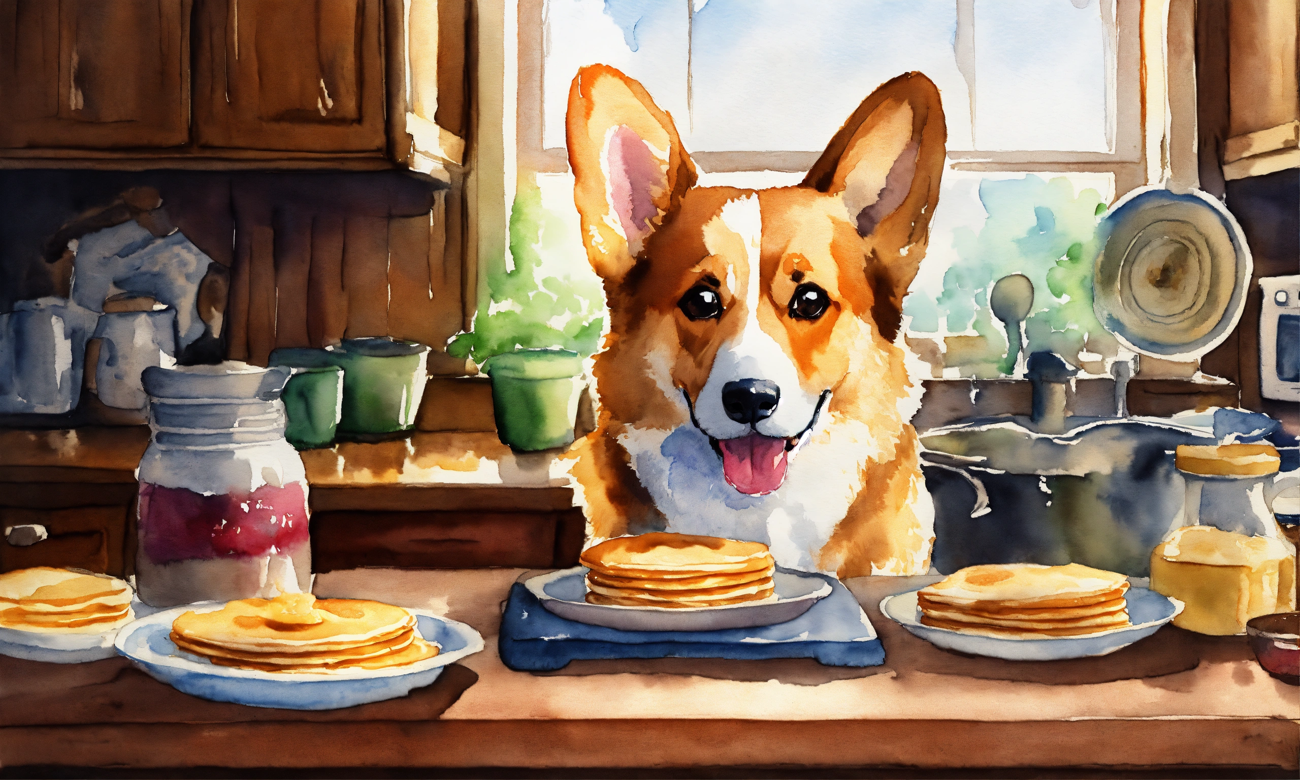 Lexica - Corgi cooking a pancake watercolor