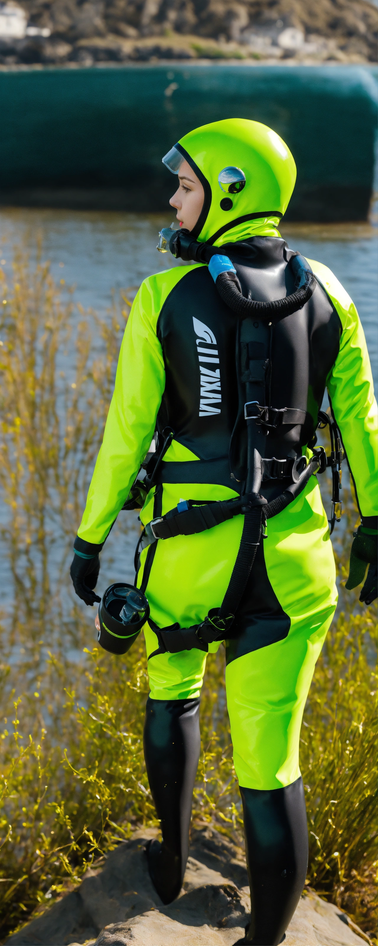 Lexica - Female diver in limegreen and black glossy viking drysuit