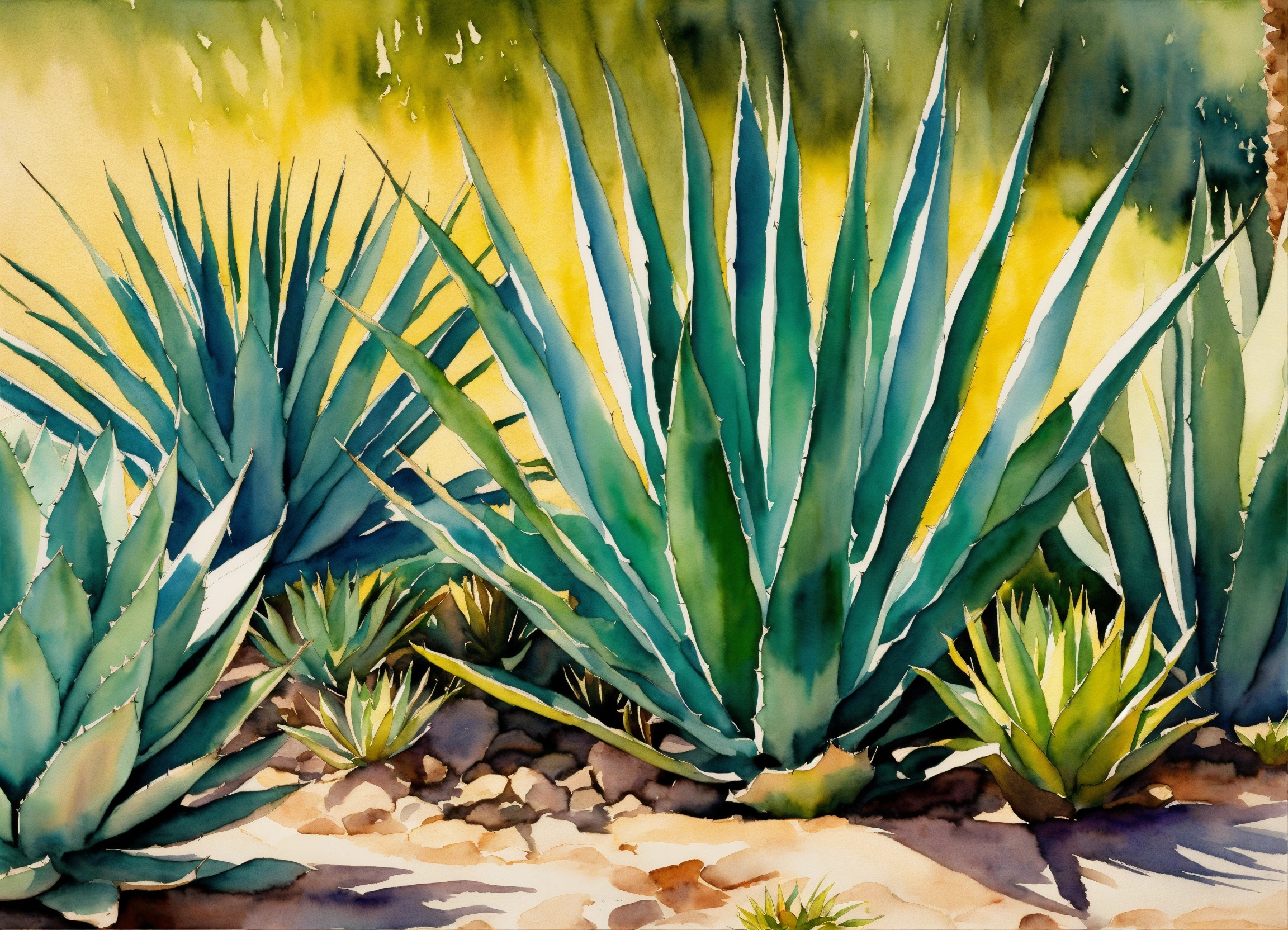 Lexica - Watercolour painting, beautiful Mexican garden, agave, warm ...