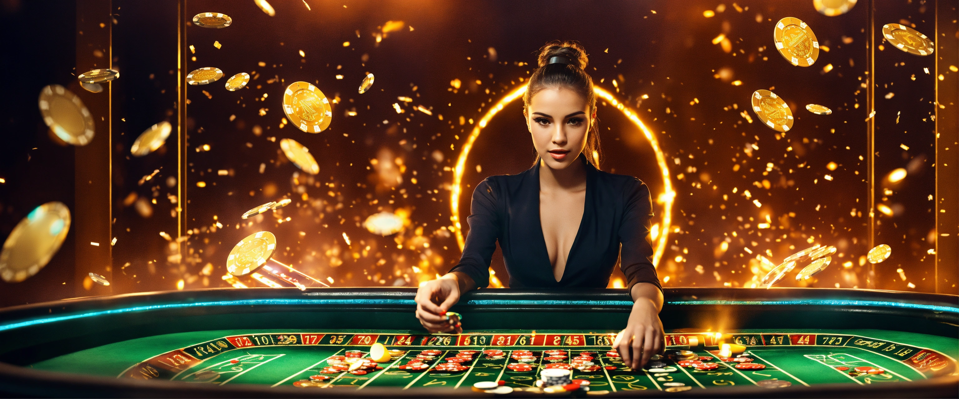 Lexica - Gold roulette table and woman at the roulette table, playing ...
