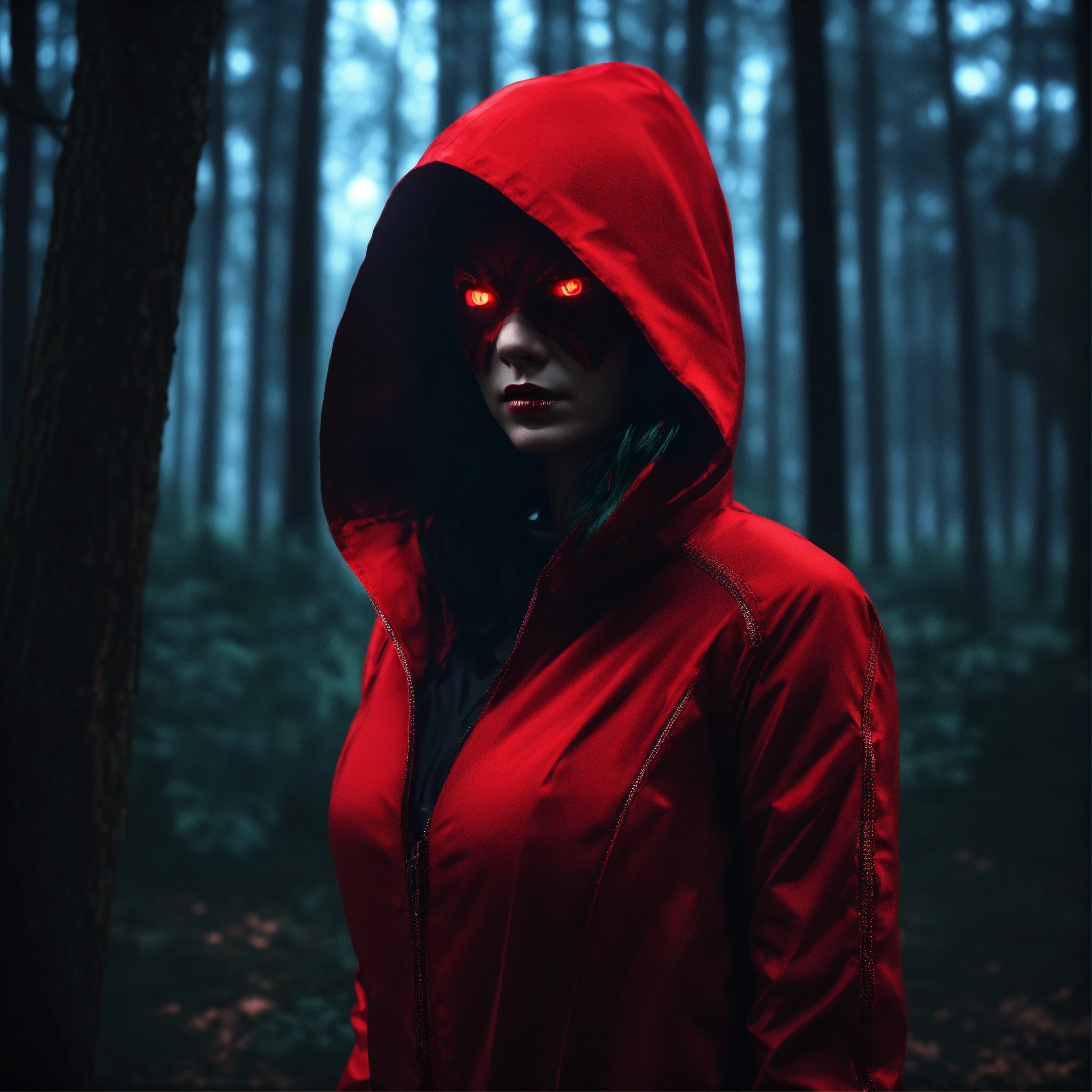 Lexica - Eerie girl in a supervillain-like red hood, glowy red eyes, in ...