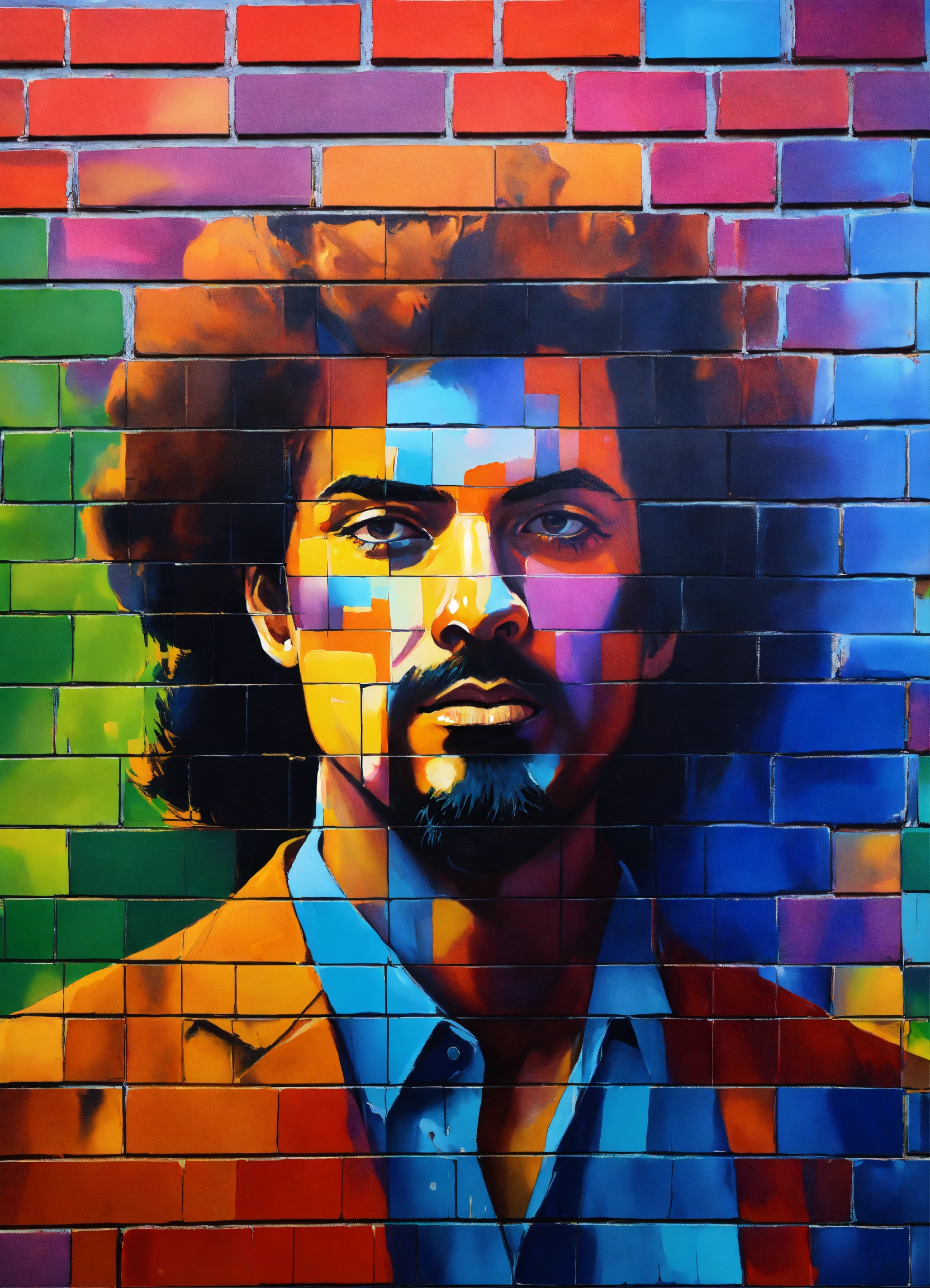 Lexica - Imagine a man painted on a brick wall. This man is in several ...