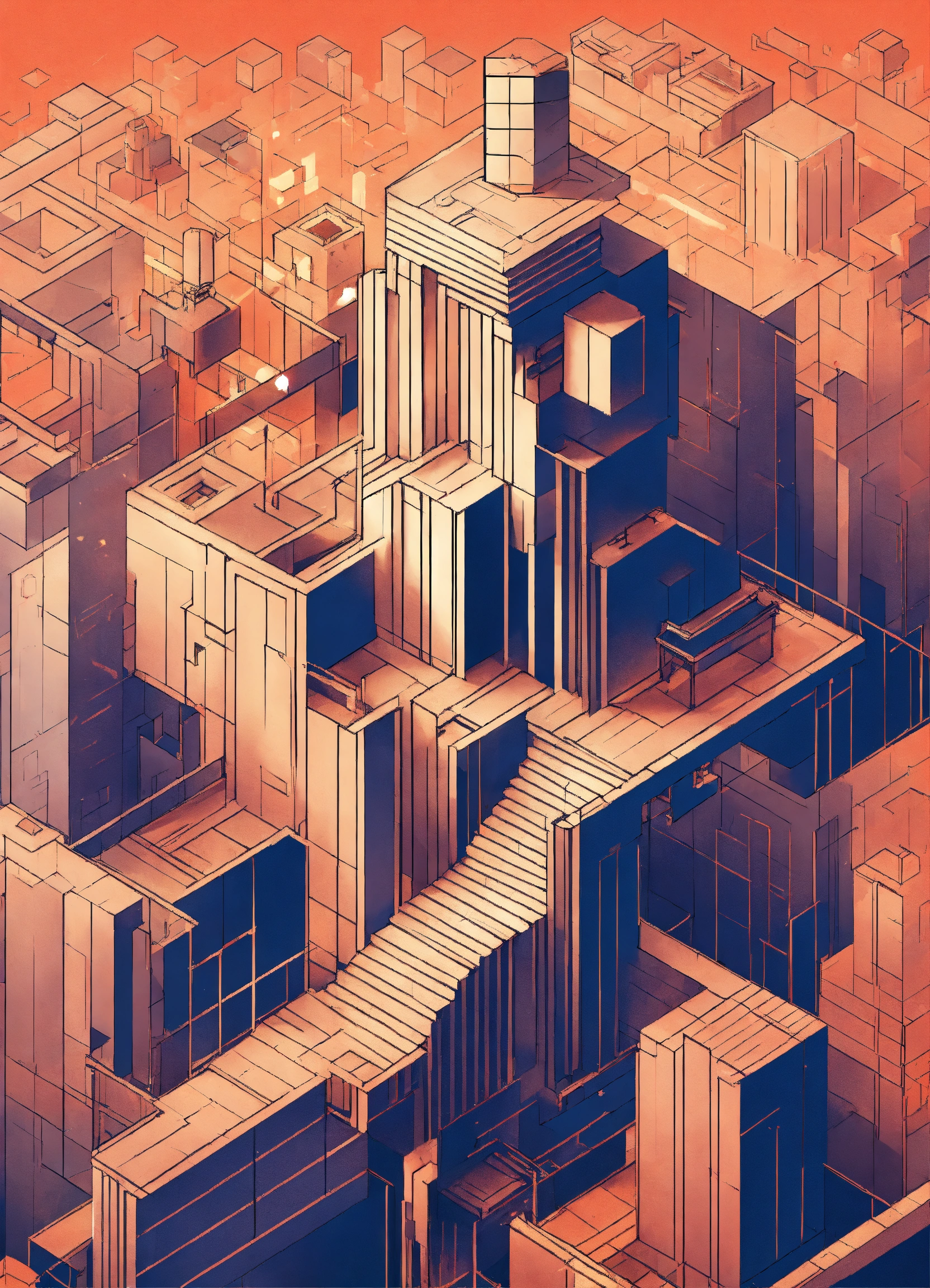 Lexica - Monument Valley style, axonometric view, staircase, cube, city ...