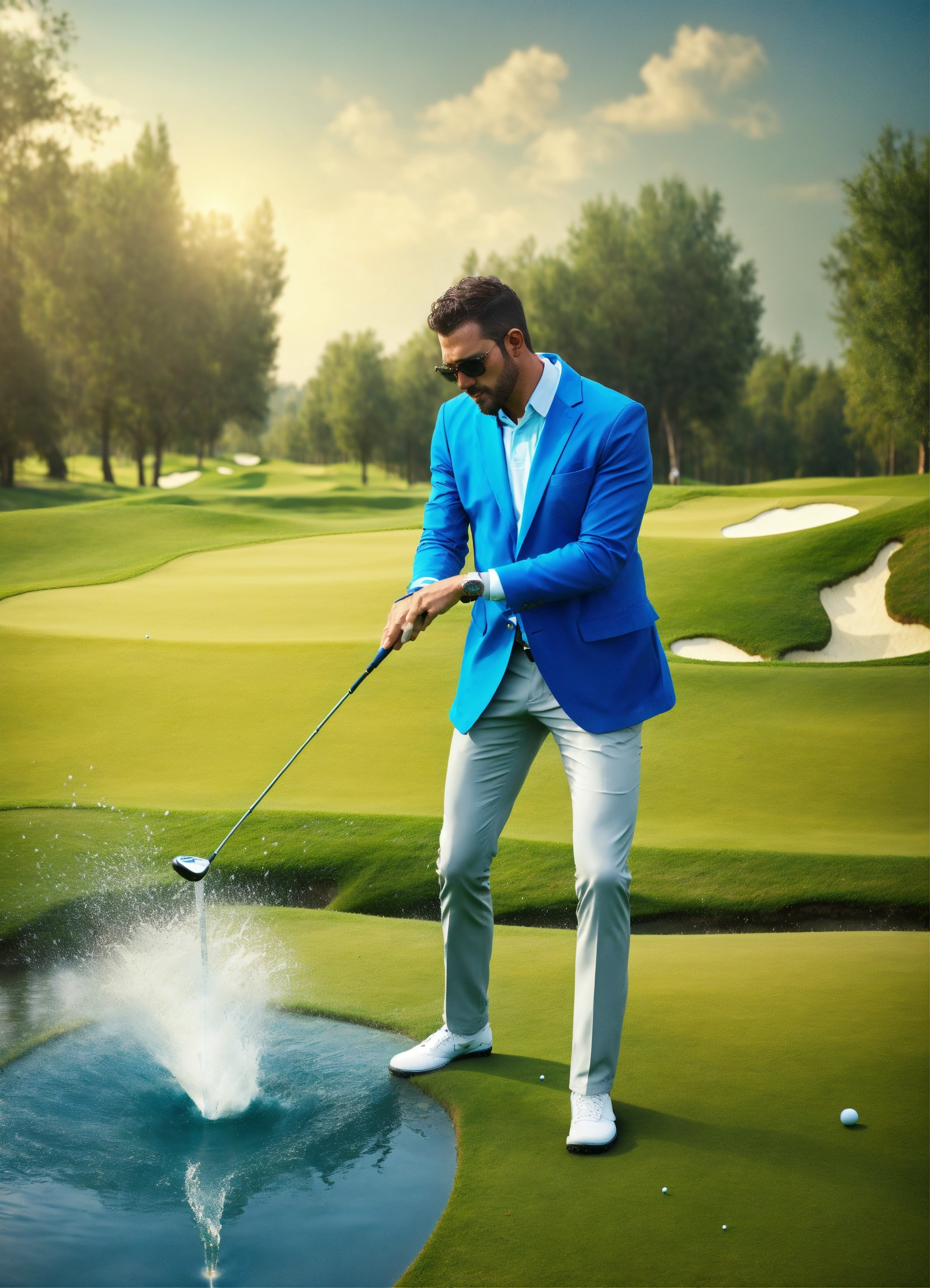 Lexica - 4k hd ultra realistic man blue blazer, sunglasses. Swinging ...
