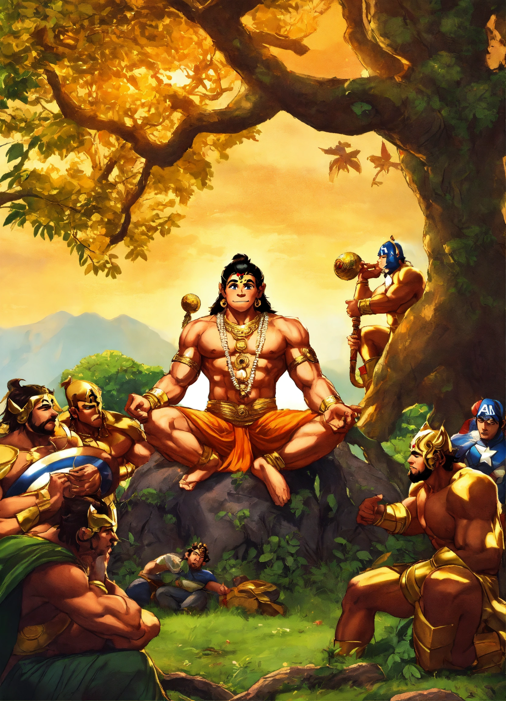 Lexica - Lord Hanuman relaxing under a Tree and all Avengers trying to ...