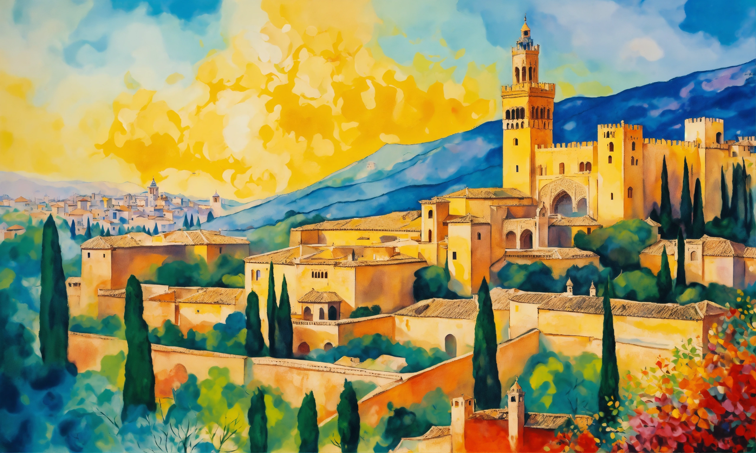 Lexica - The Alhambra Palace of Spain, colorful painting in the style ...