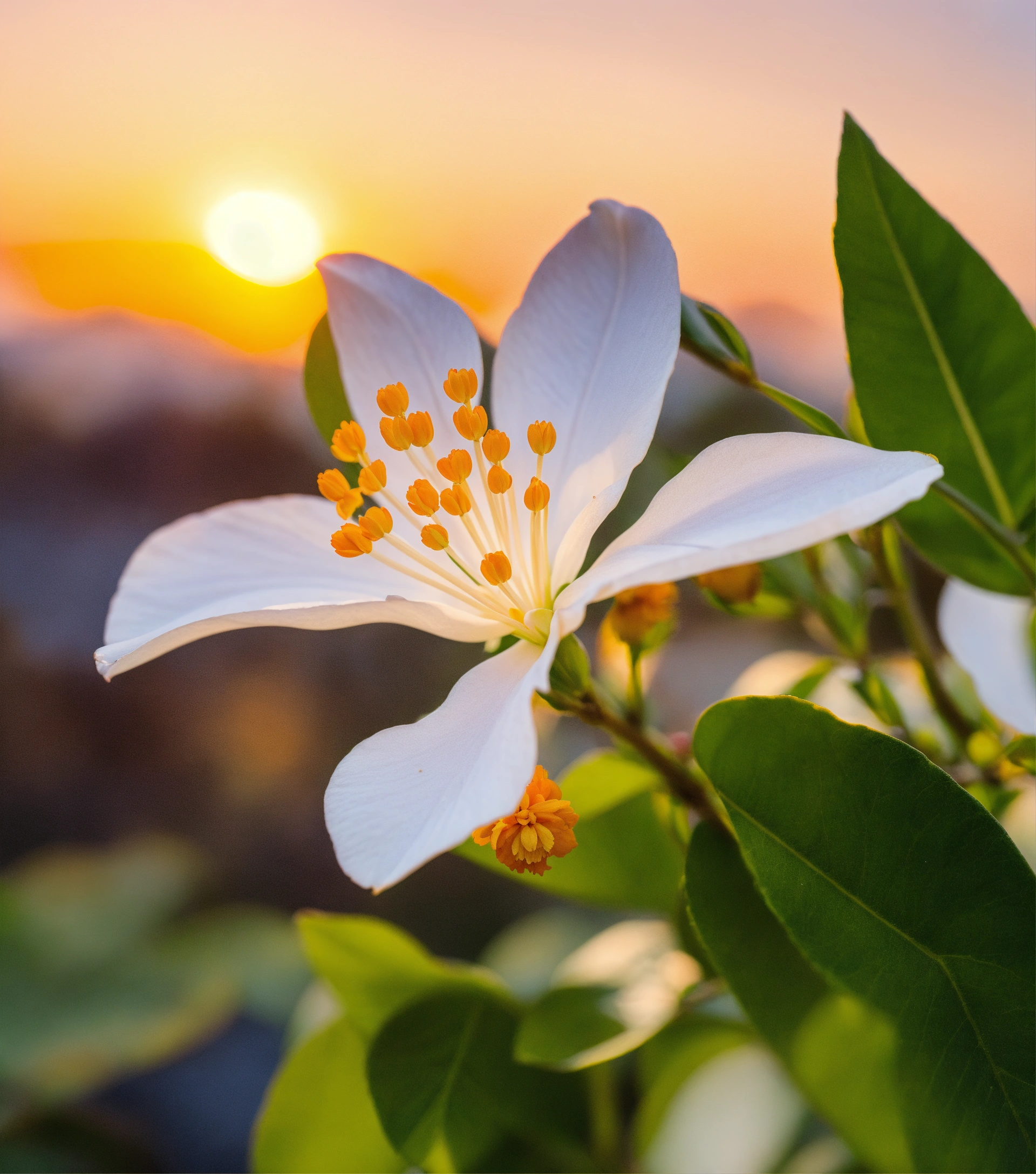 Lexica - White neroli flower detail, sunset