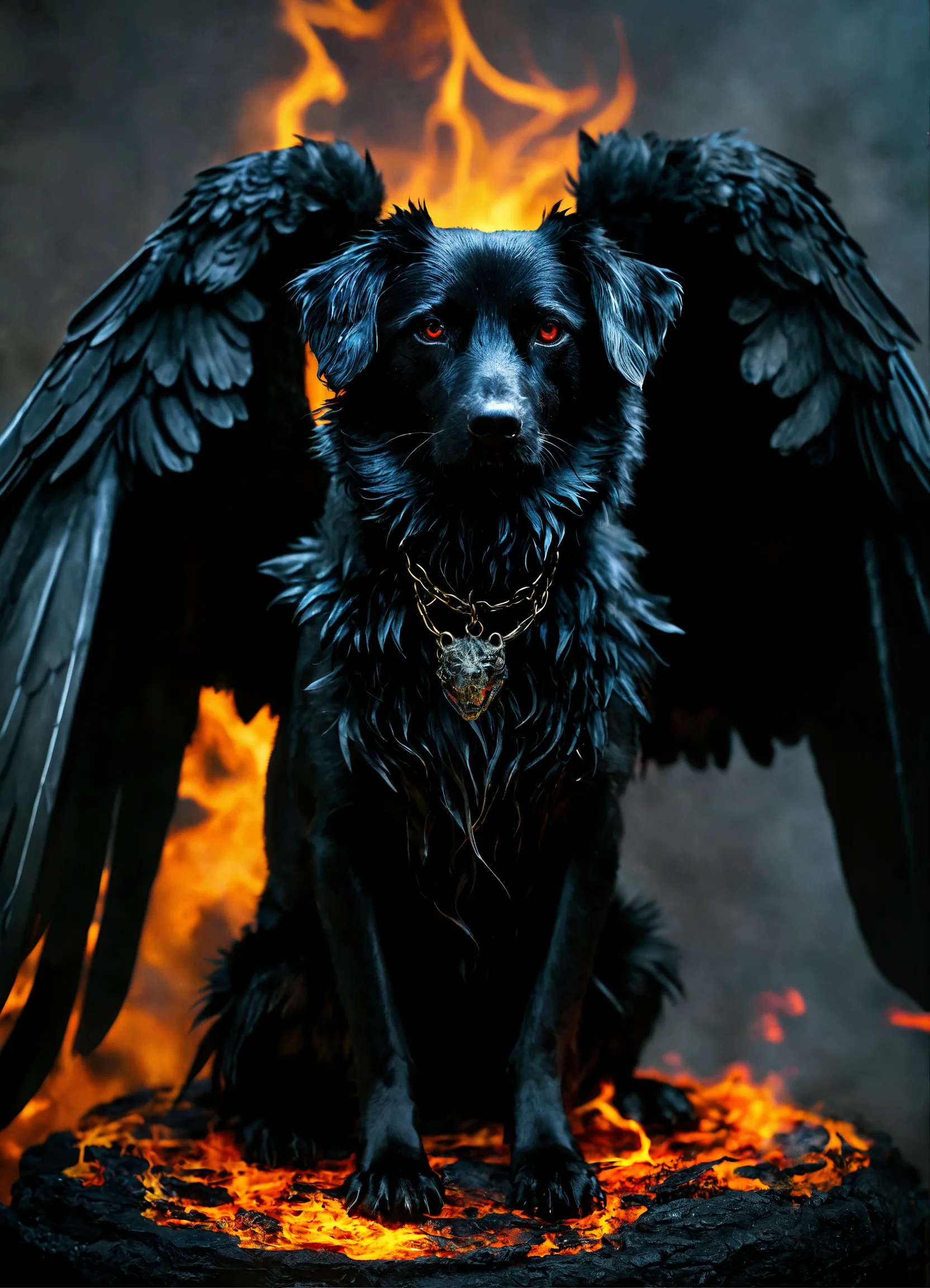 Lexica - (a scary black dog with the wings of a griffon, sitting in ...