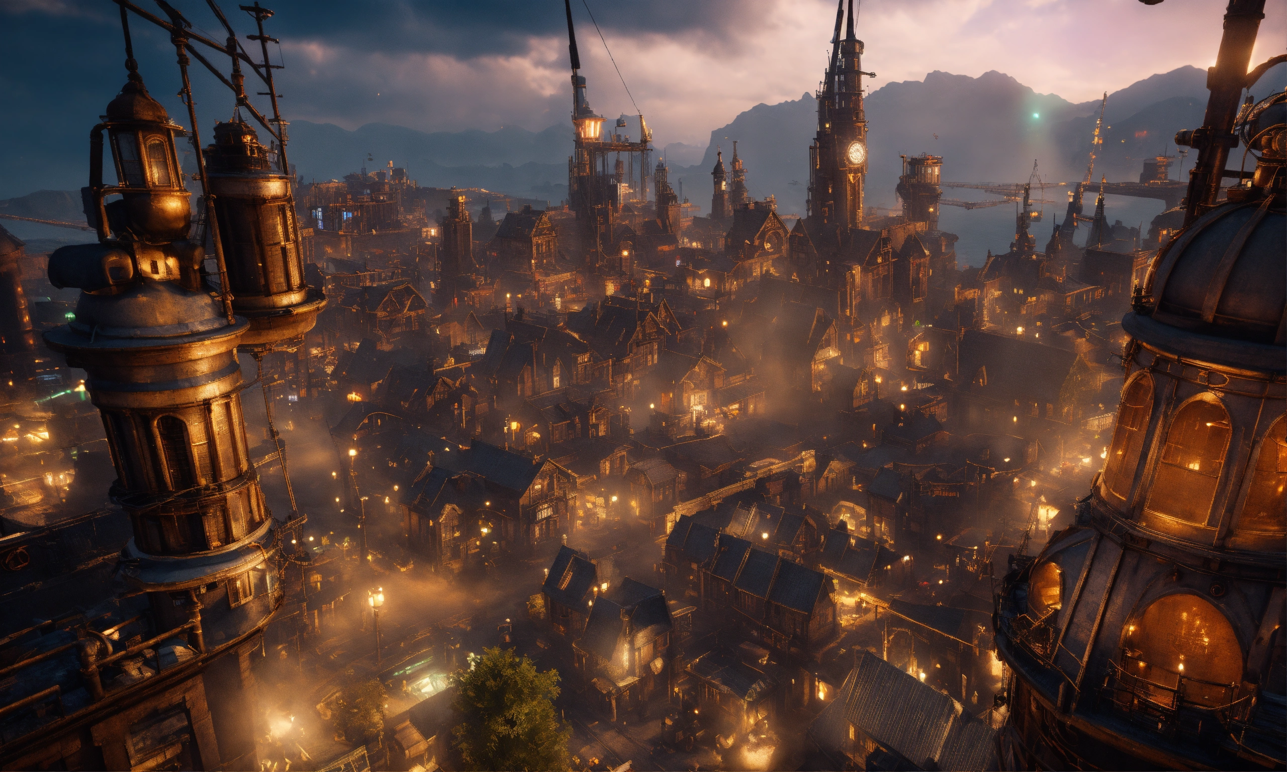 Lexica - Full overhead image of a steampunk city, unreal engine, 8k