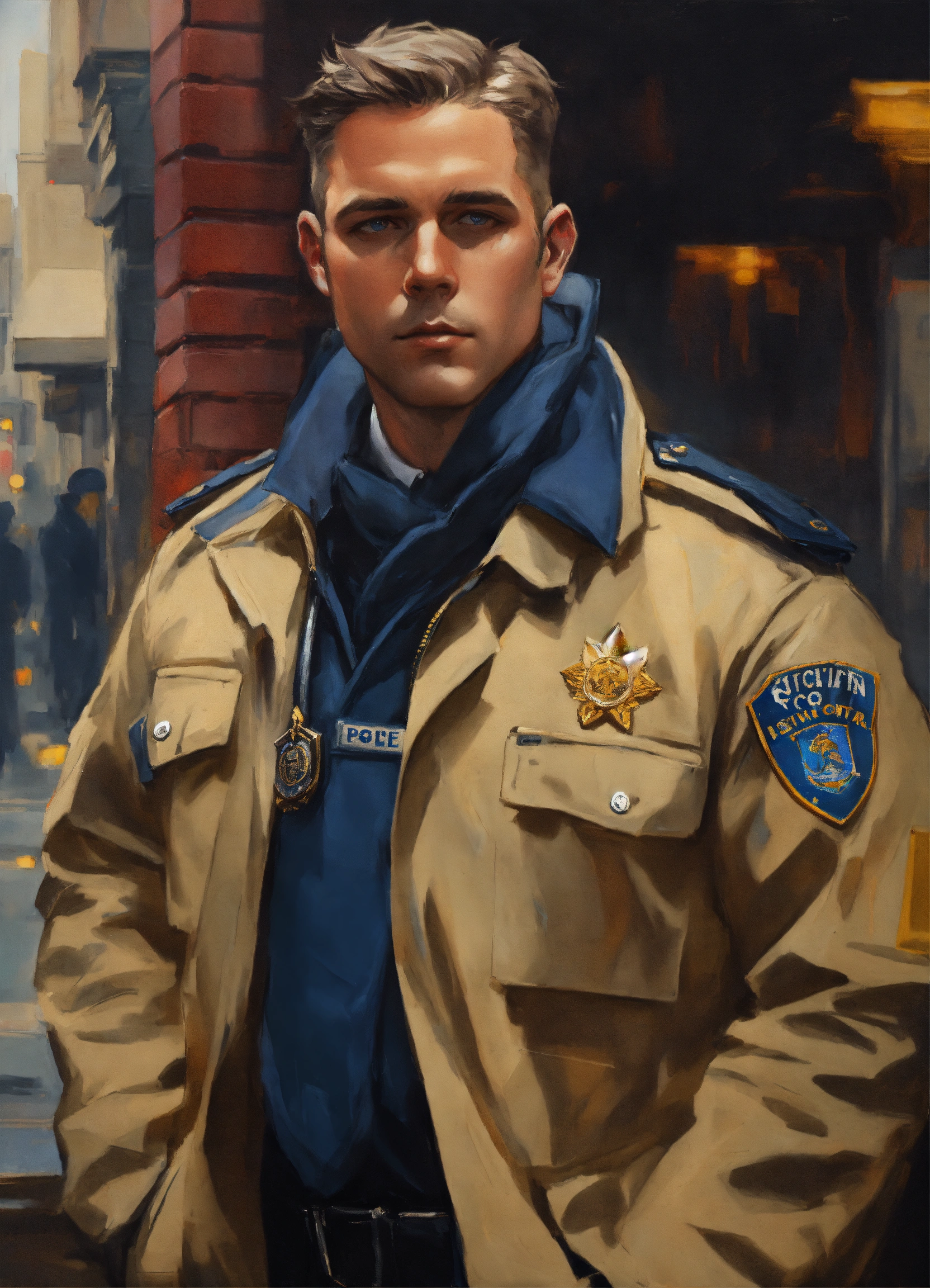 Lexica - White male cop wearing a light navy over coat, greg rutkowski