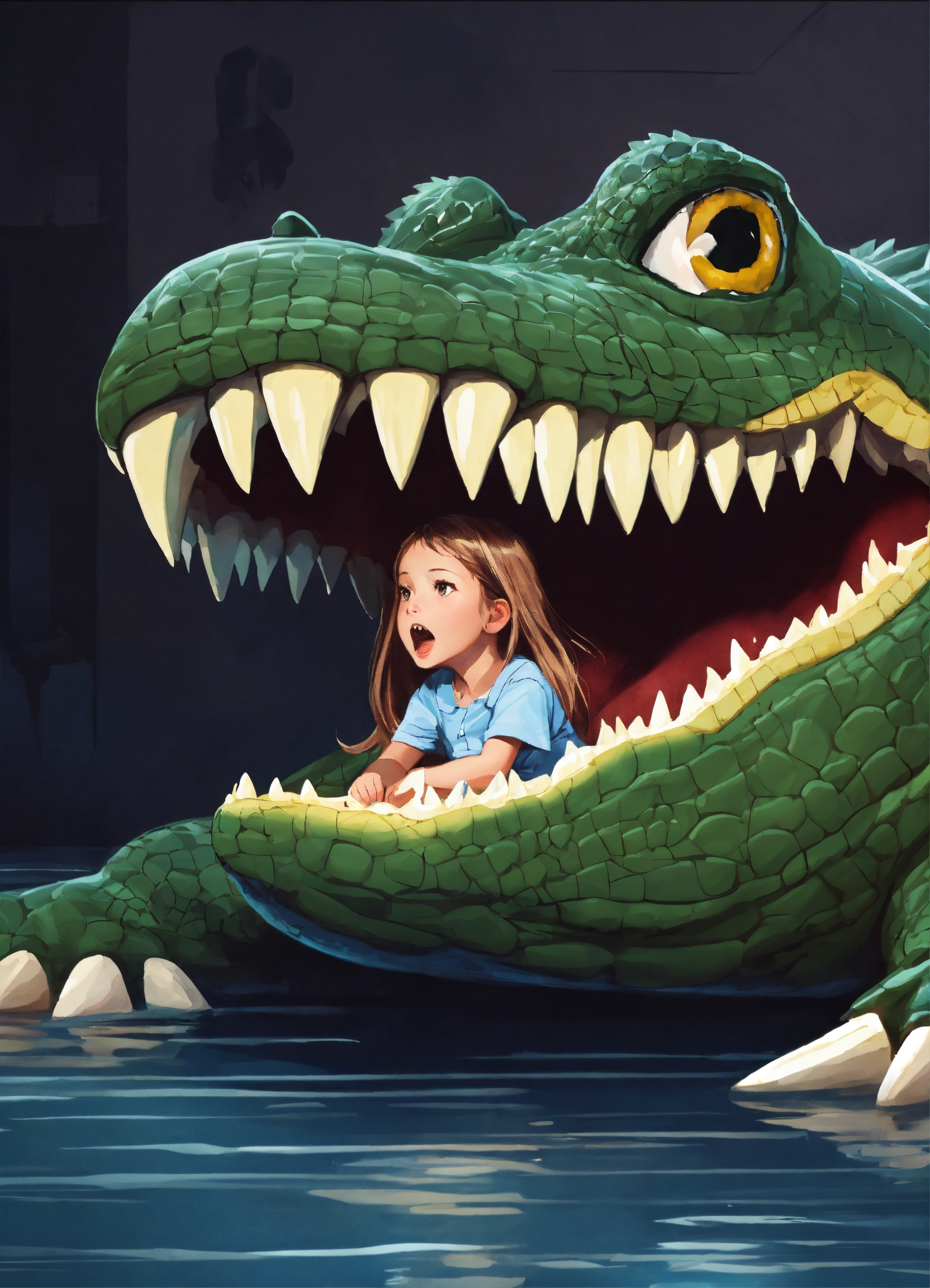 Lexica - Scared little girl sitting deep entirely inside crocodile's ...
