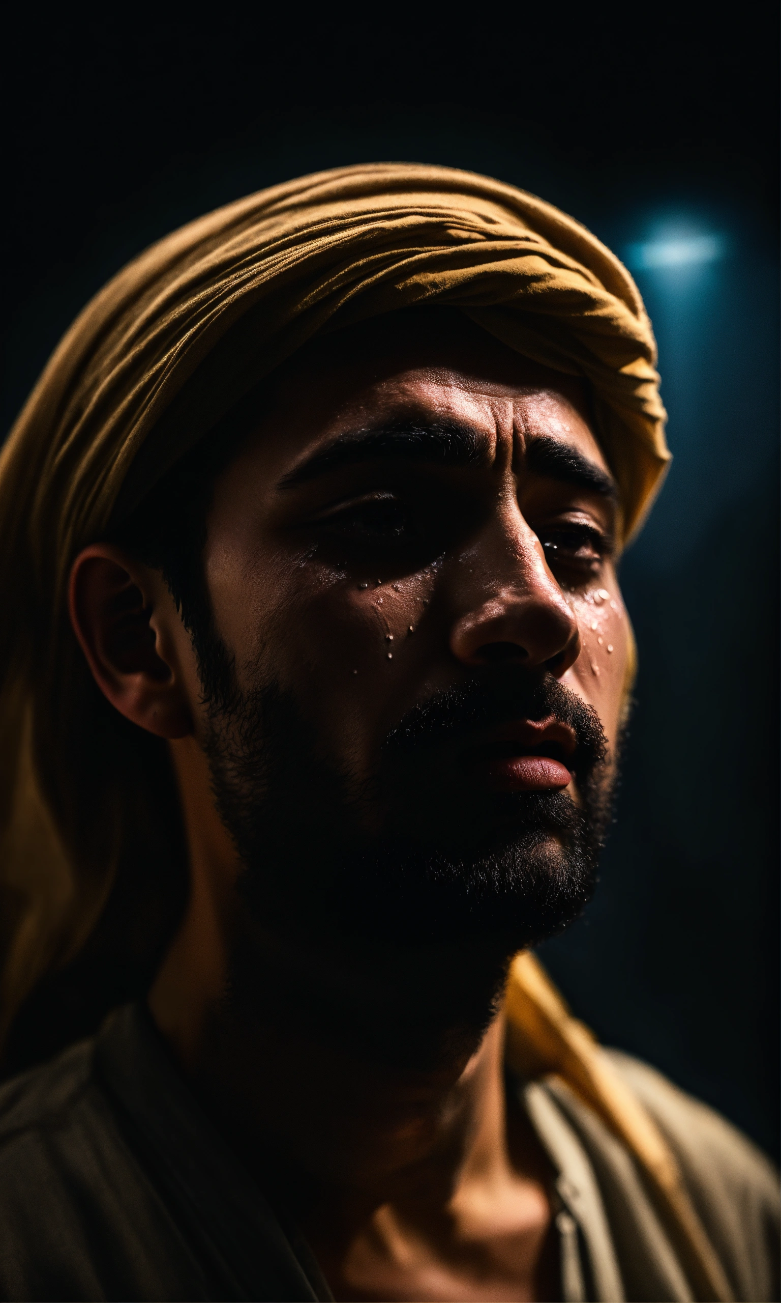 Lexica - Middle eastern man crying in darkness, a ray of light shining ...
