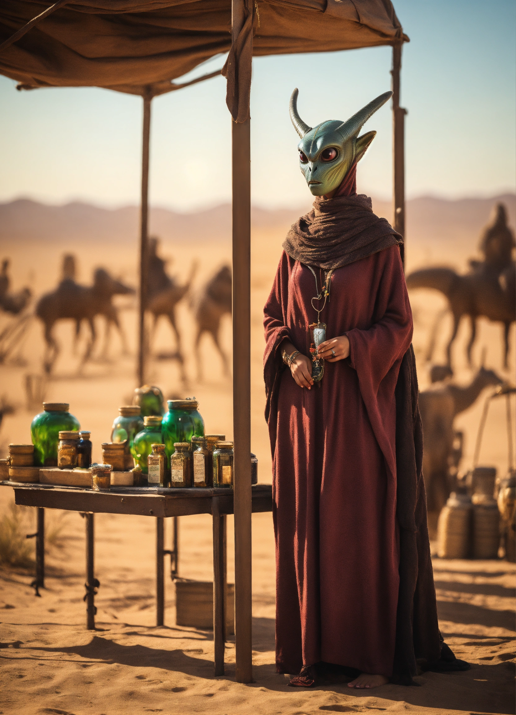 Lexica - Very slim and tall female alien creature merchant on a desert ...