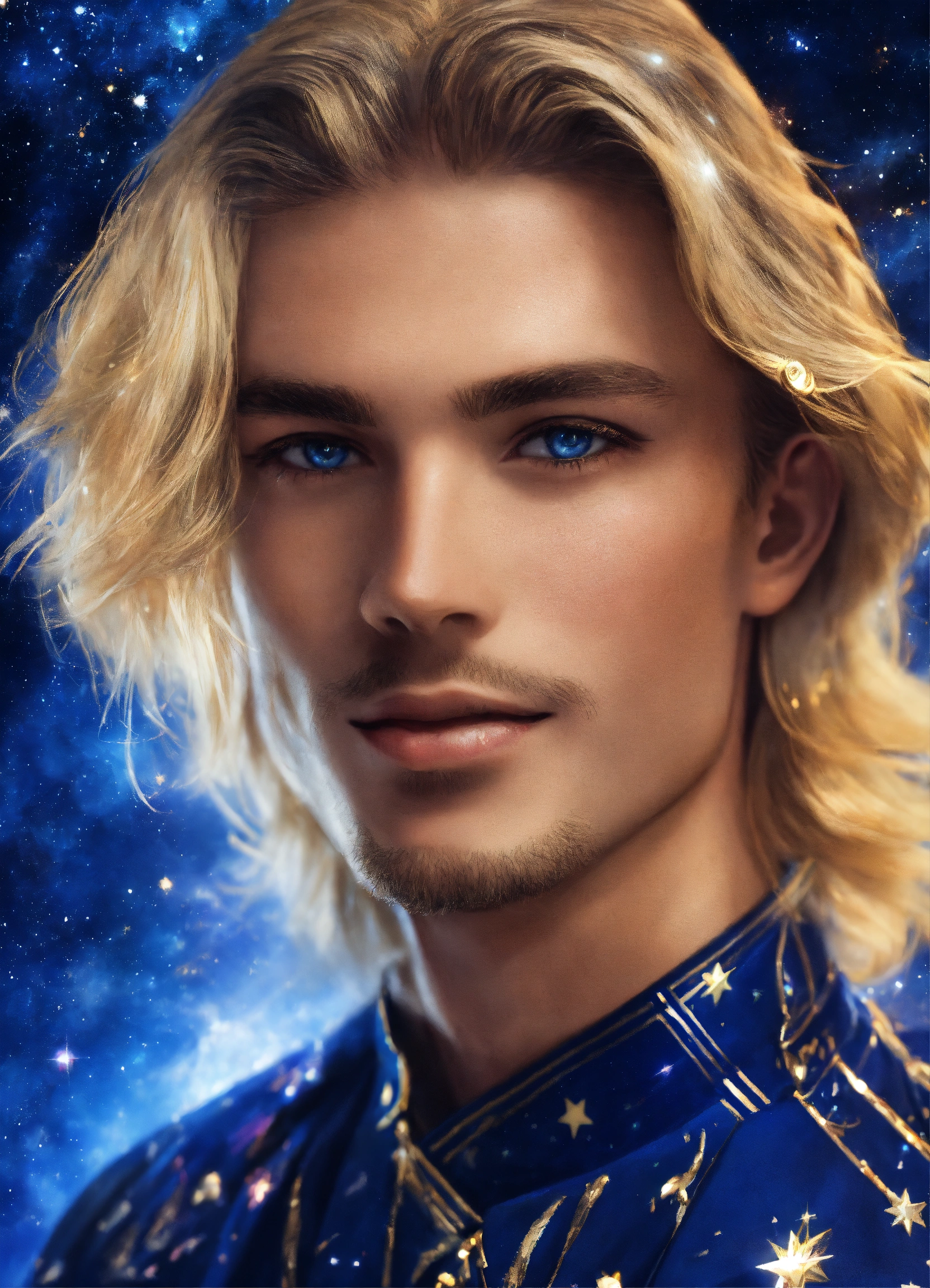 Lexica - Beautiful faces cosmic men long blond hair, smiling, blue and ...