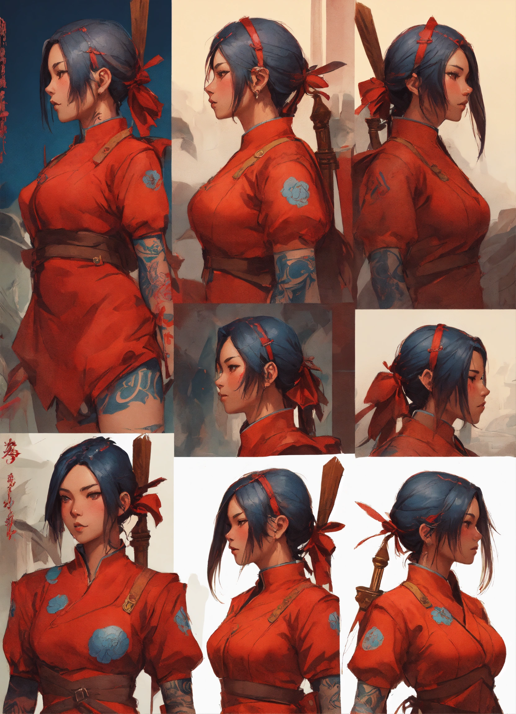 Lexica - Red back tattoed woman warrior, character sheet, character design, chart, reference ...