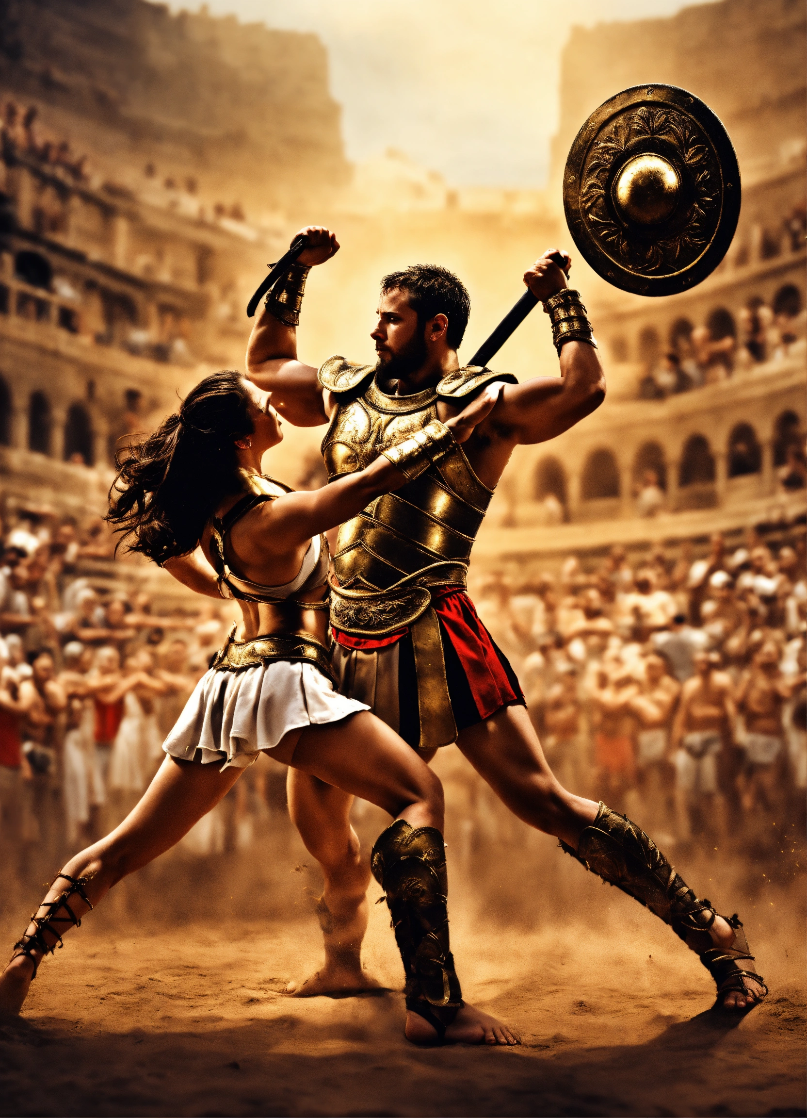 Lexica - Athletic female gladiator defeating male gladiator by holding ...
