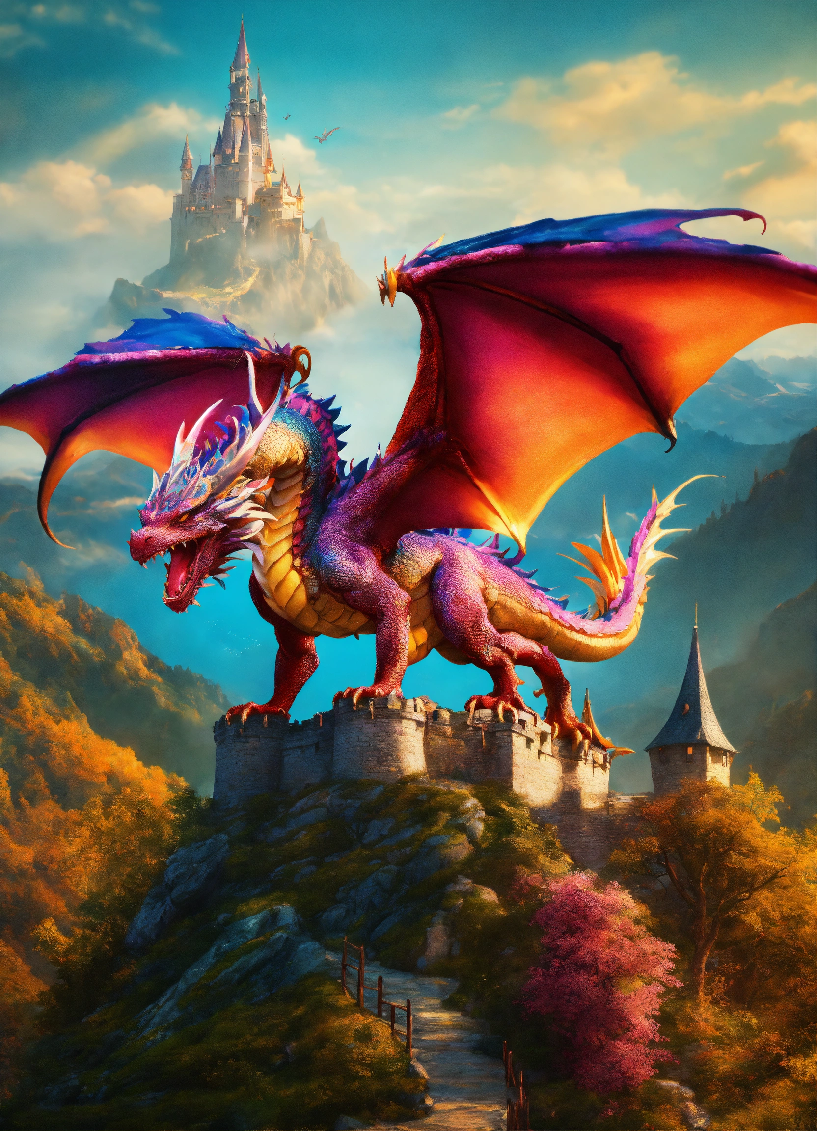 Lexica - A beautiful full body colorful dragon with a wizard riding on ...