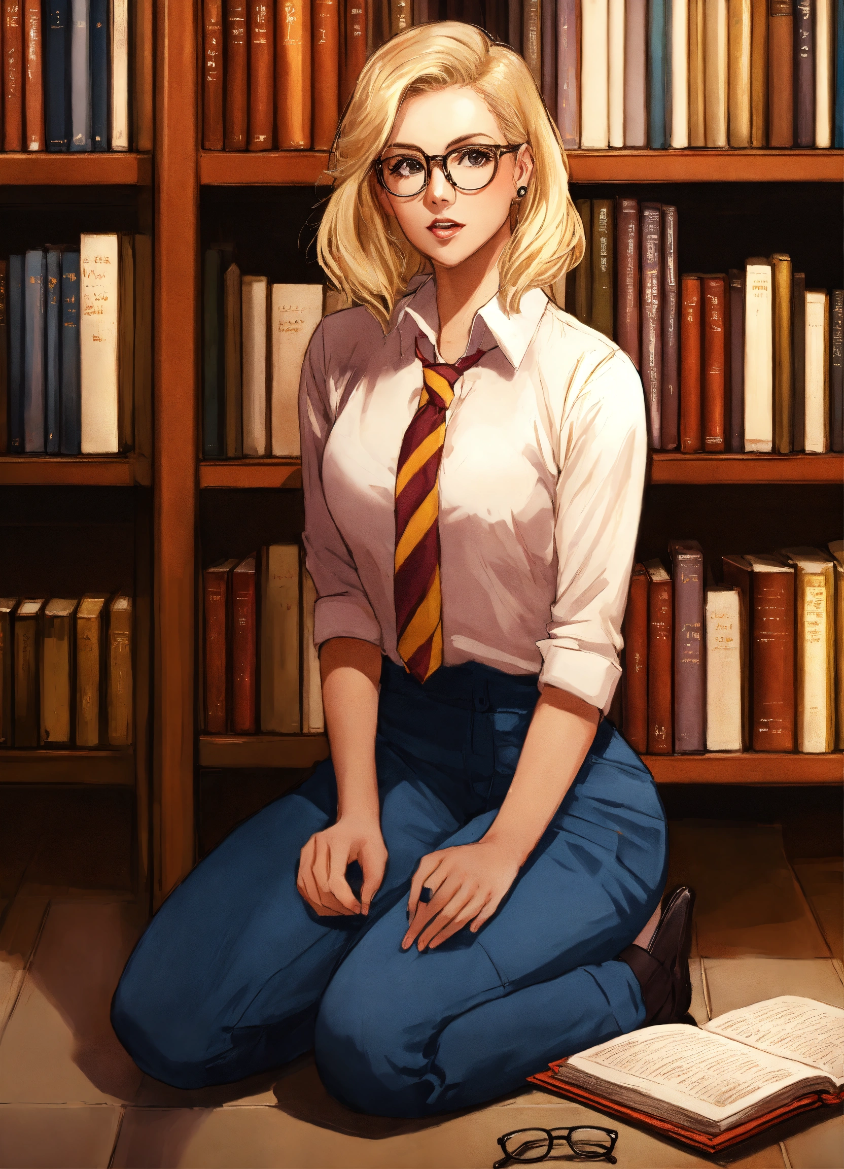 Lexica - Blonde librarian, wearing glasses, kneeling.