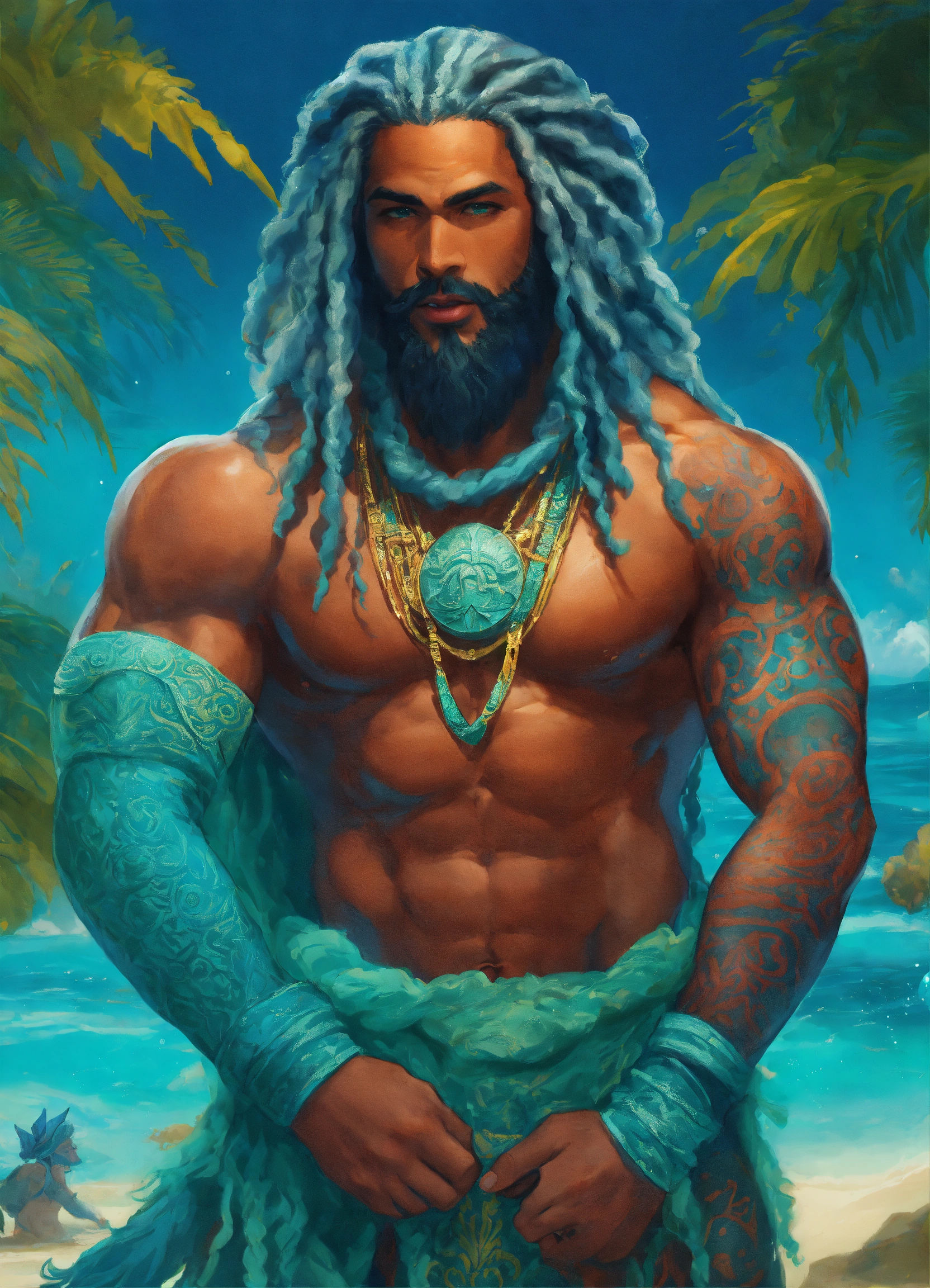 Lexica - A buff muscular Sea-elf scales Blue skin Long seafoam colored ...
