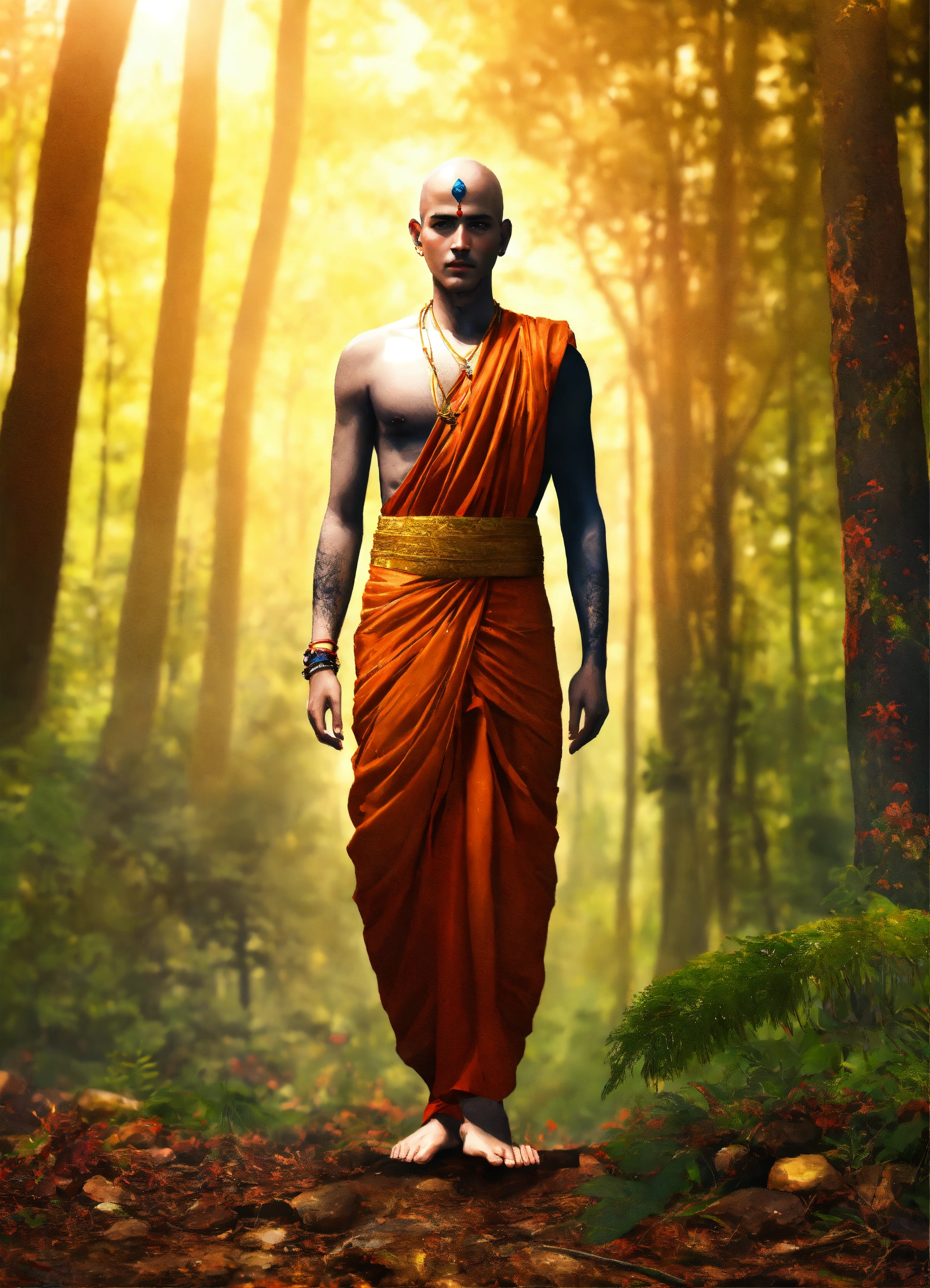 Lexica - Hindu saint without hair and roming in forest.Artist realistic 8k