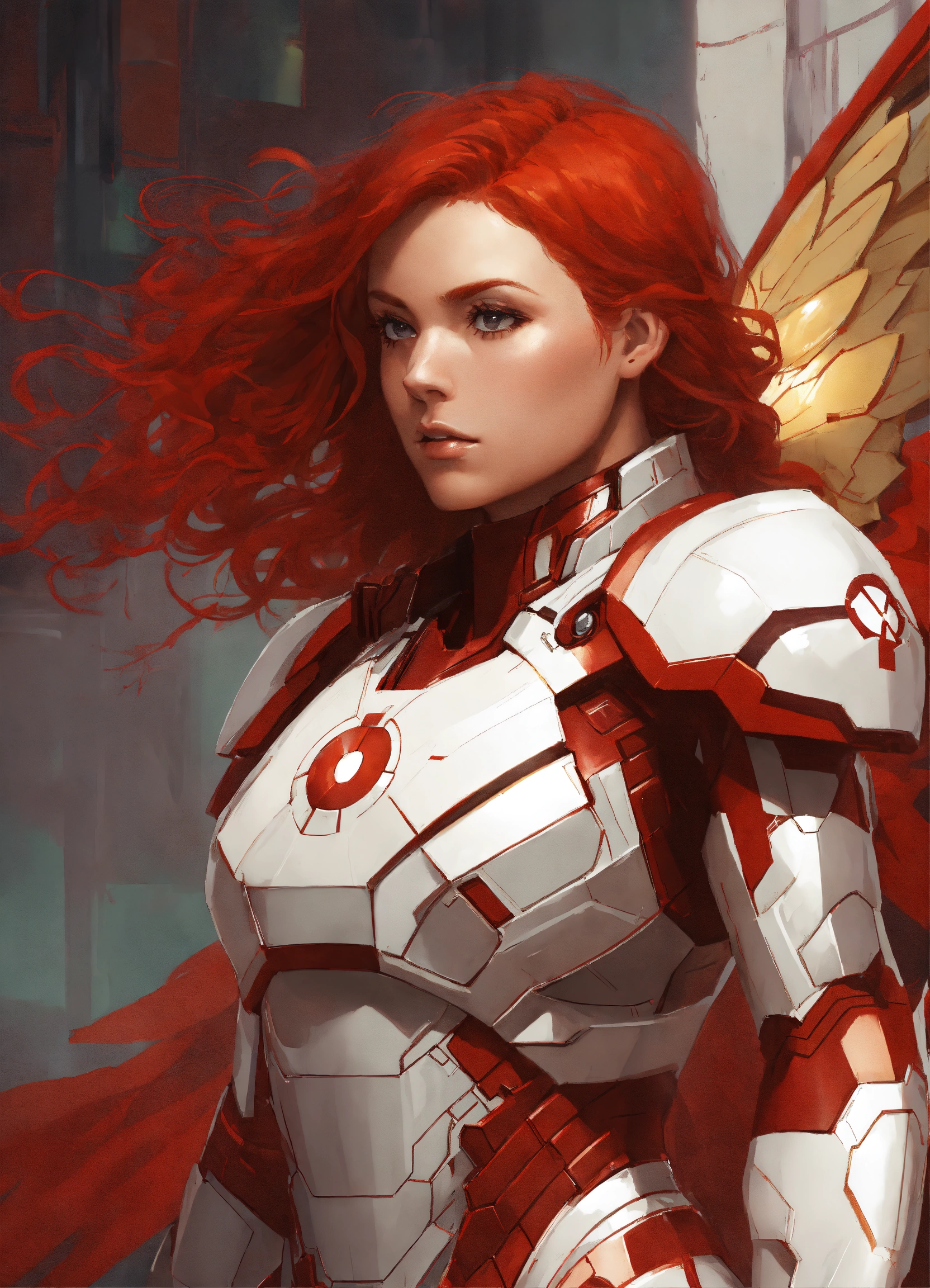 Lexica - Female athletic red hair wearing white Iron Man armor with red ...