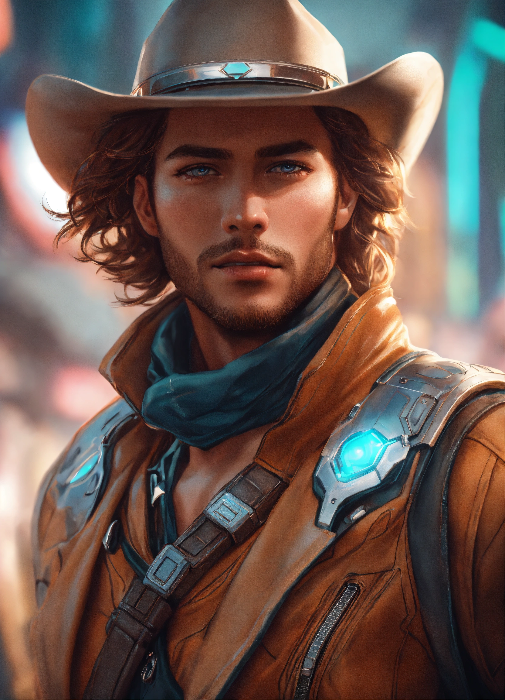 Lexica - Close up of futuristic cowboy, 8k, directly facing the camera ...