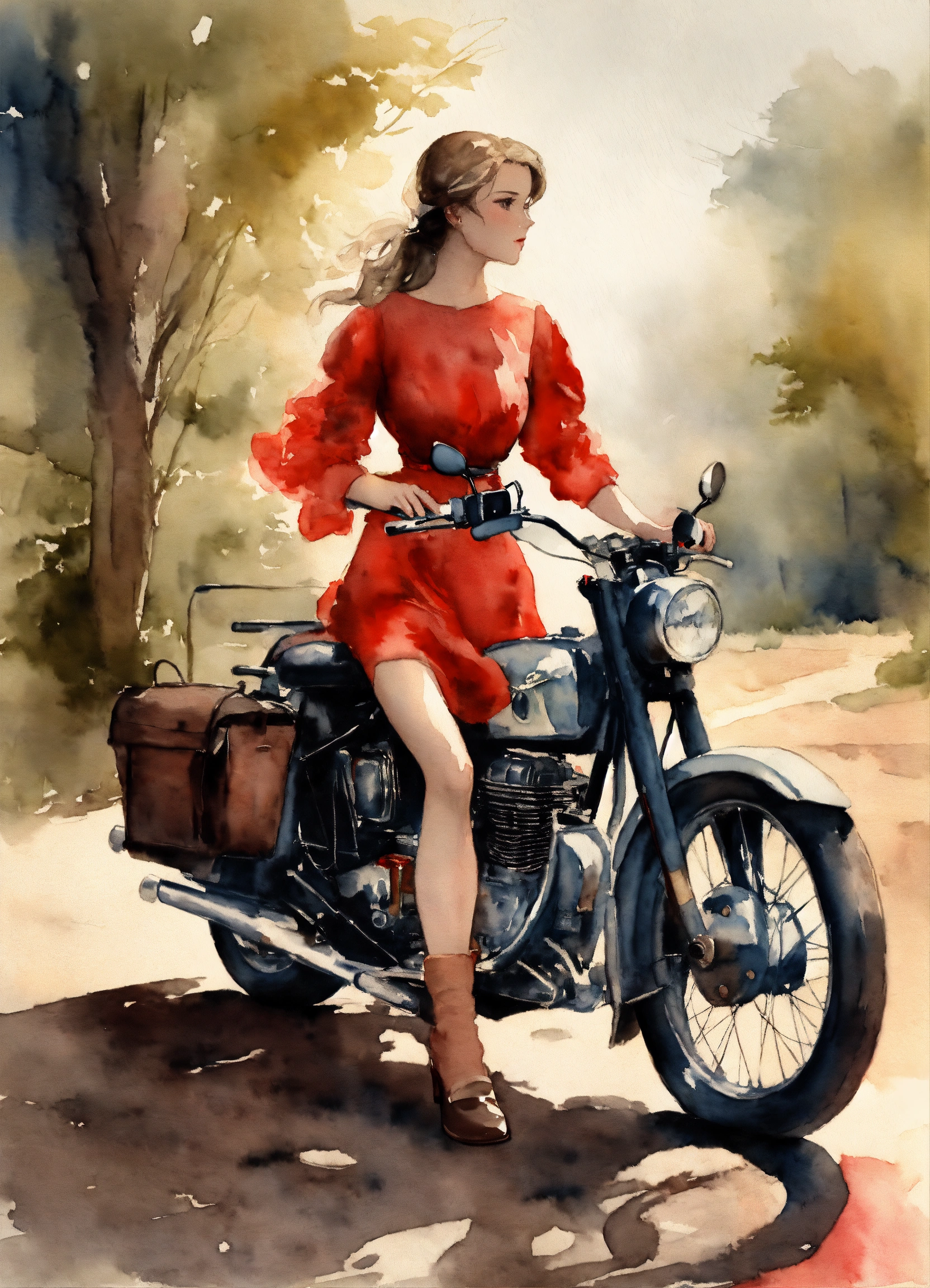 Lexica - Young woman in dress on motorcycle on 19th century road ...