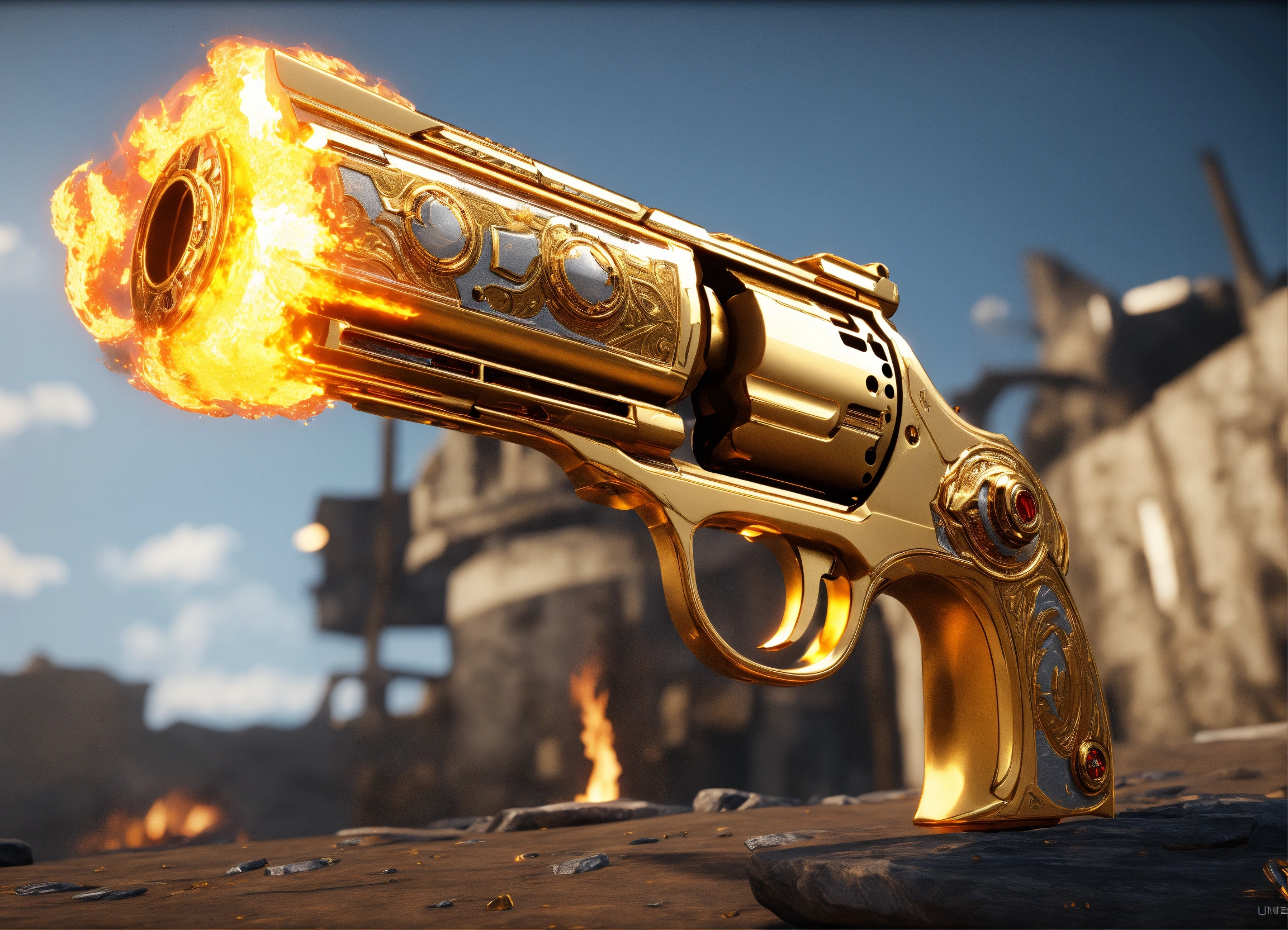 Lexica - Golden revolver, FIRE ELEMENTAL, futuristic design, 32K ...
