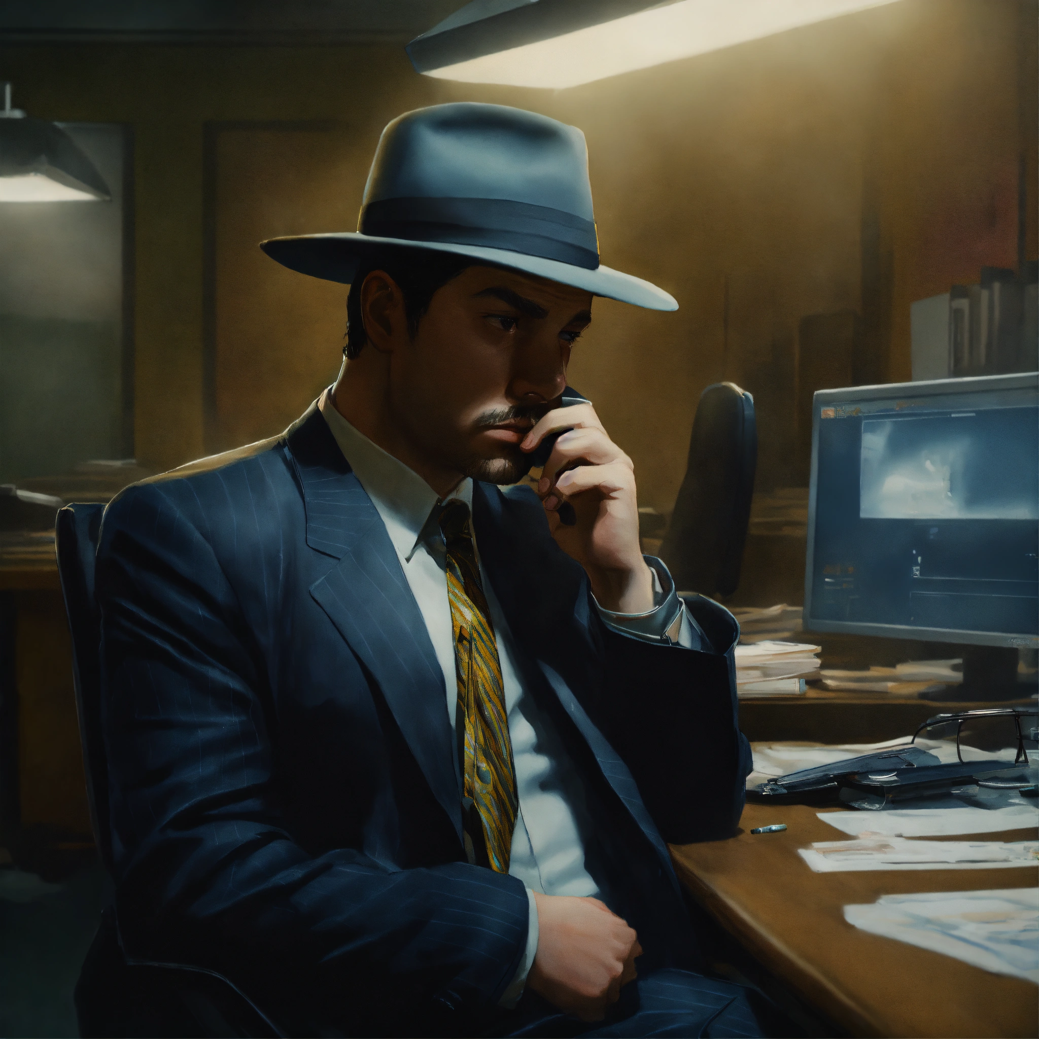 Lexica - FOGGED office, detective ia a hat shrugged, propped his cheek ...