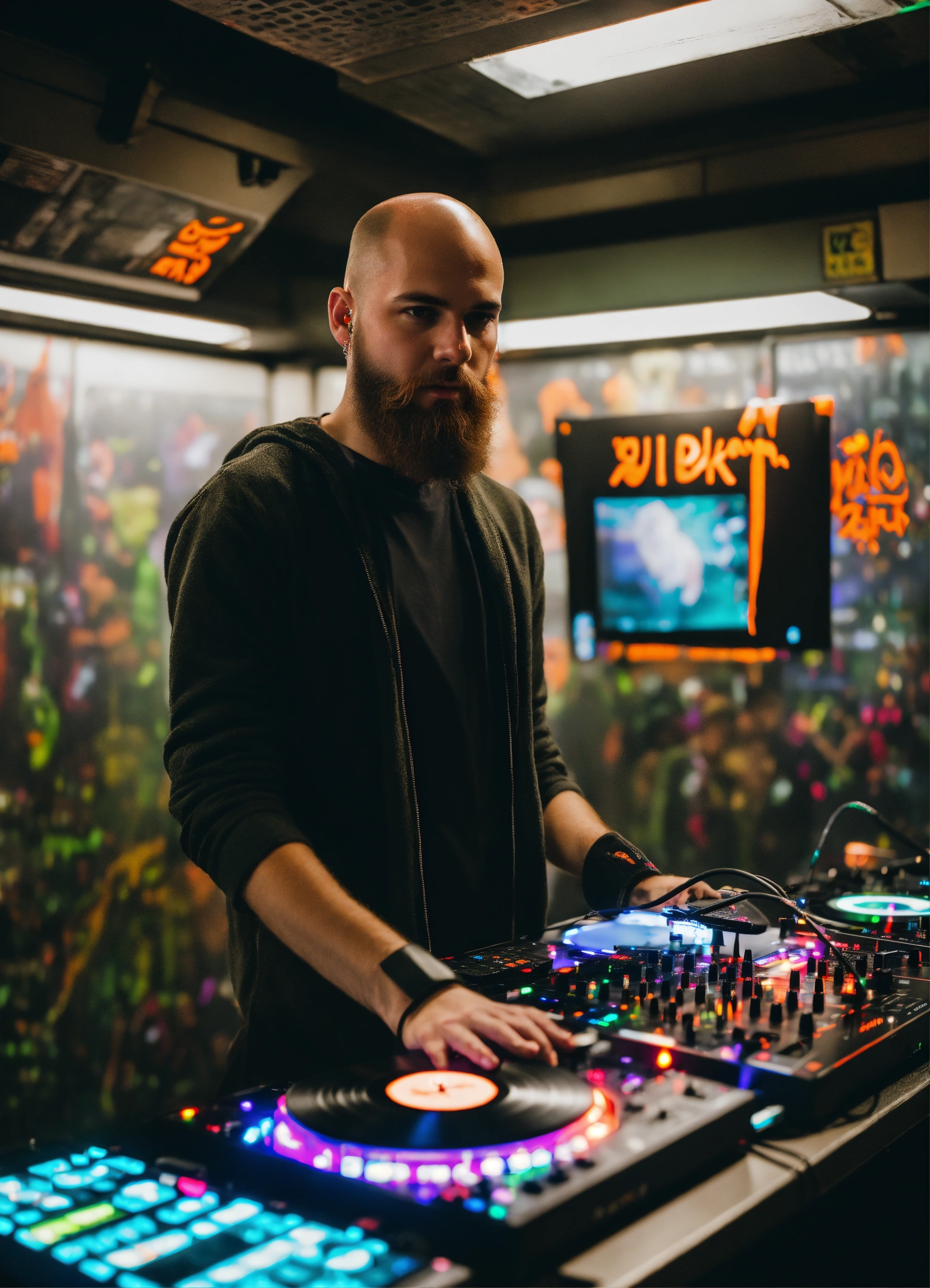Lexica - A young bald man with beard halloween. dj behind the dj booth ...